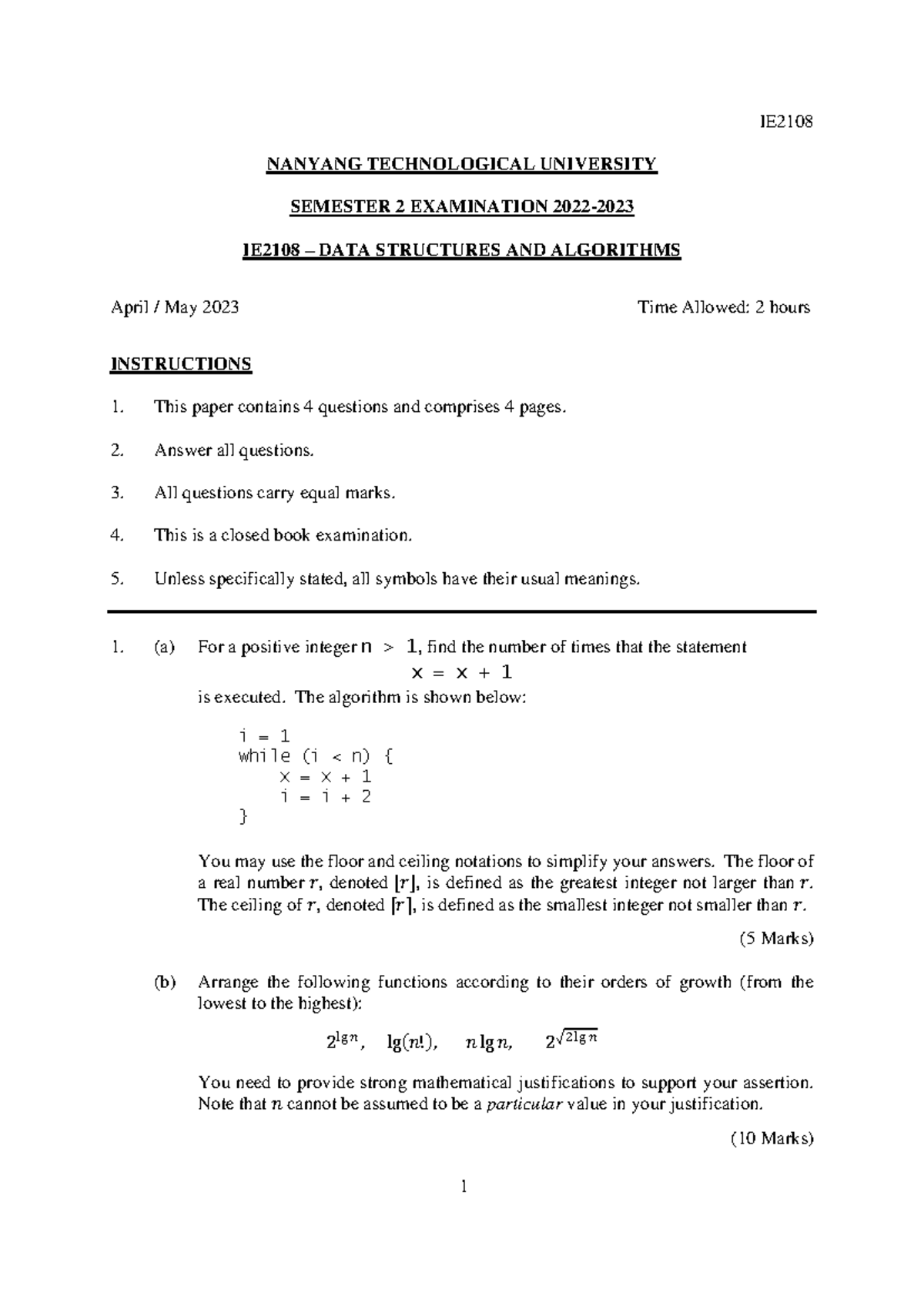 AY22 23Sem2-IE2108 - NANYANG TECHNOLOGICAL UNIVERSITY SEMESTER 2 EXAMINATION 2022- 2023 IE2108 ...