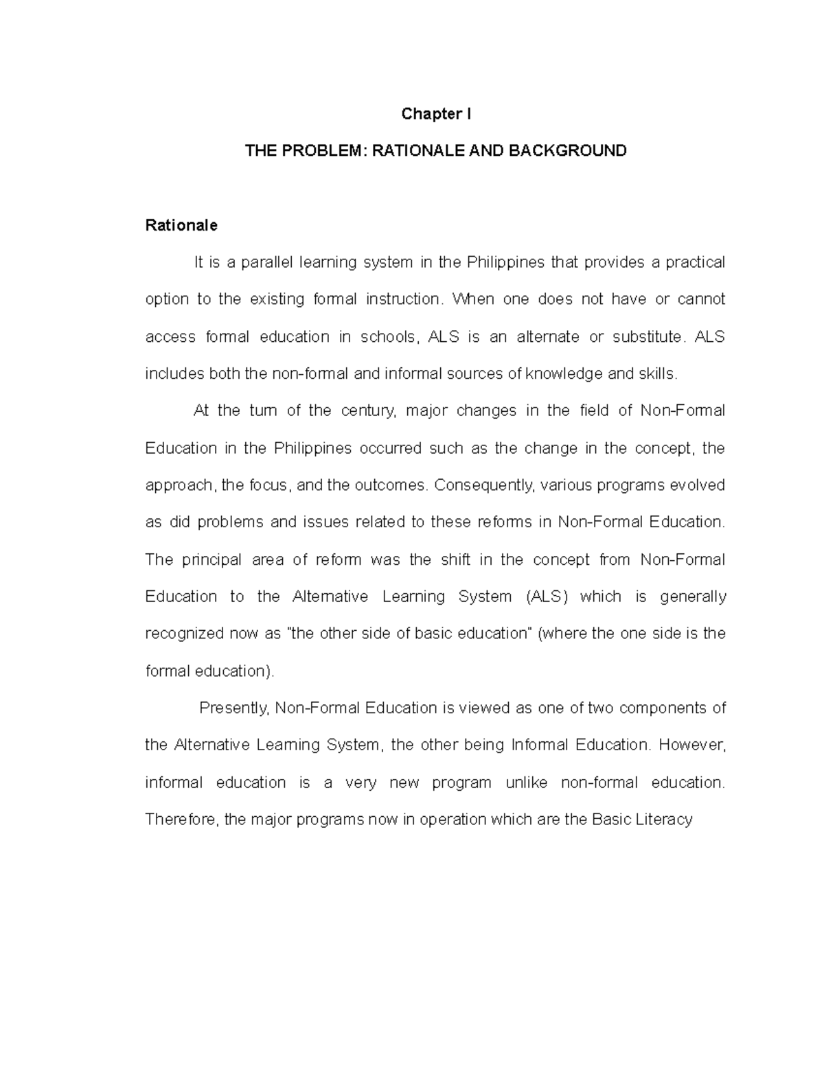 ALS Programs and Project and the Perform - Chapter I THE PROBLEM ...