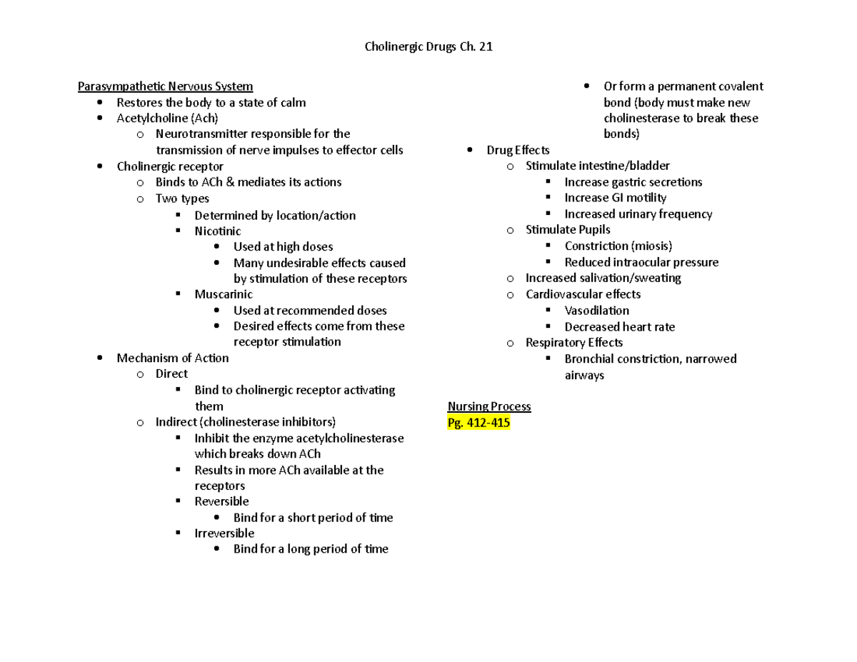 Ch. 21 - read the textbook with notes - Cholinergic Drugs Ch. 21 ...