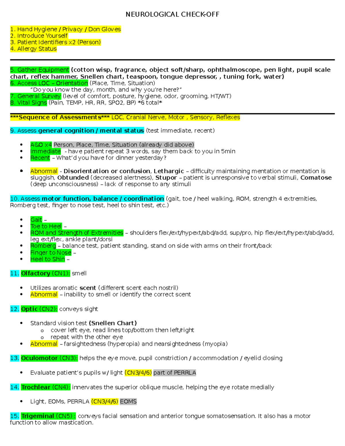 Neurological Check-OFF Notes - NEUROLOGICAL CHECK-OFF Hand Hygiene ...