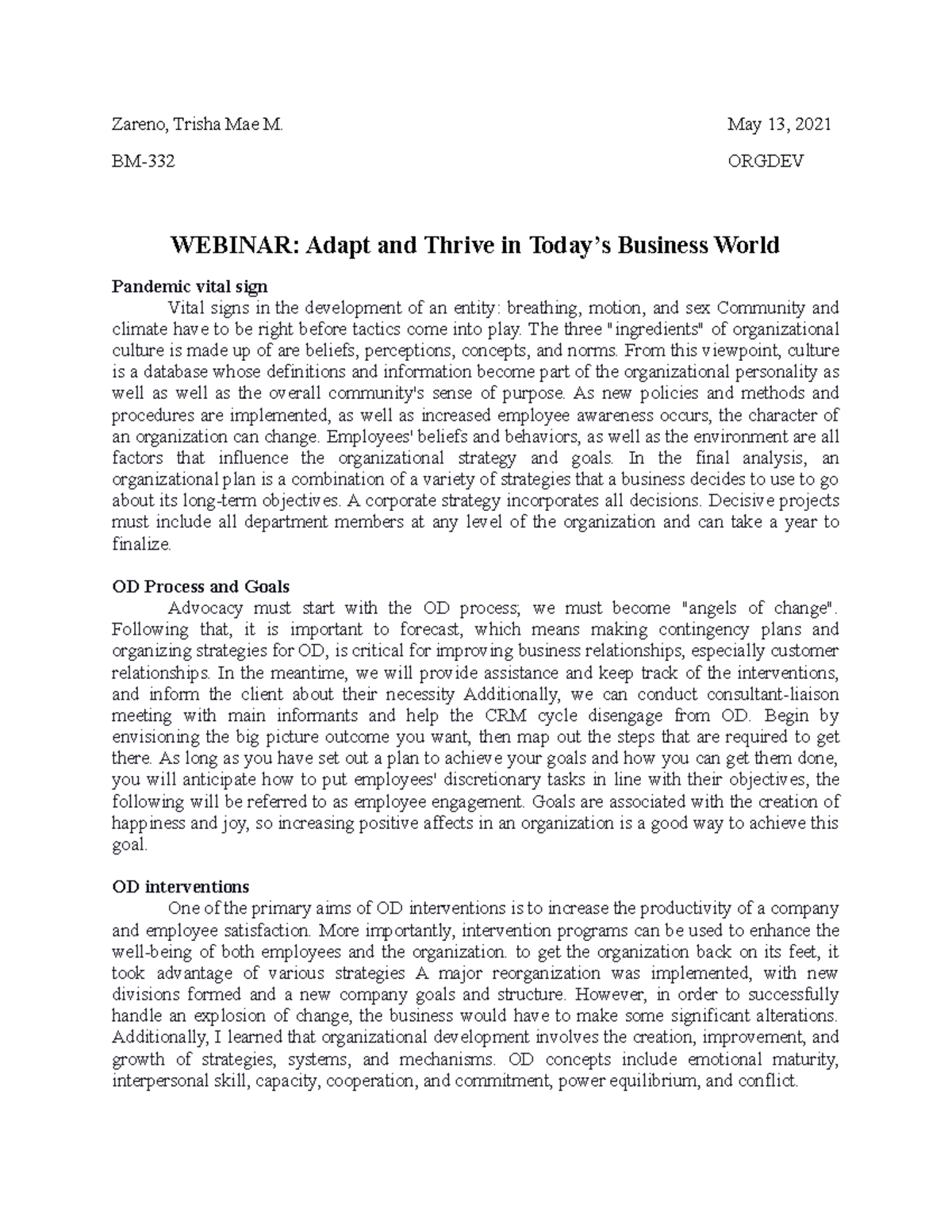 Organizational development -Webinar reflection paper - Zareno, Trisha ...