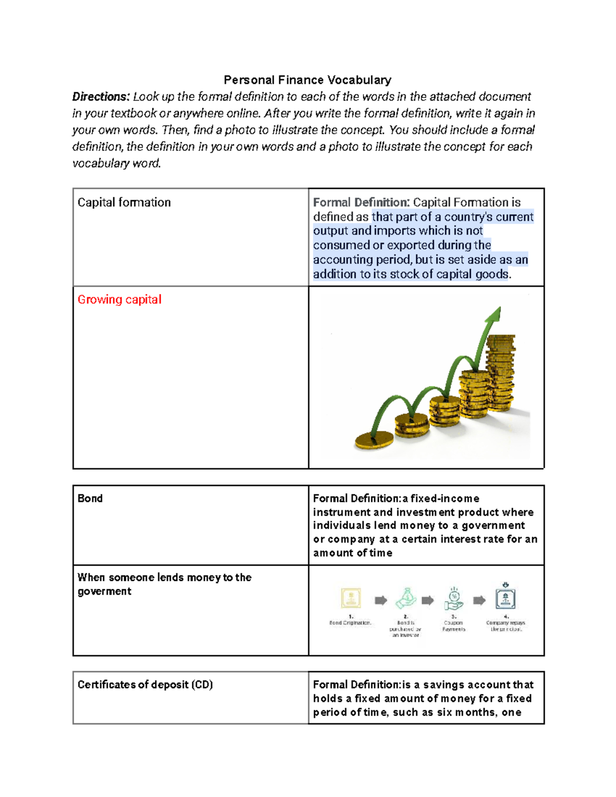 Copy of Personal Finance Vocabulary - Personal Finance Vocabulary ...