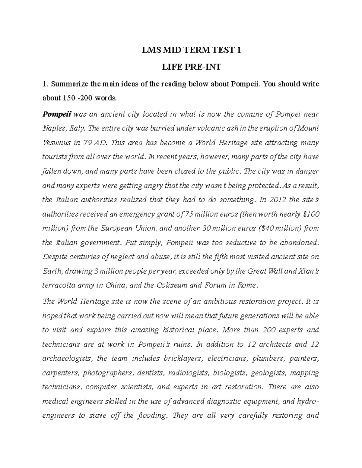 dan lam dung xem - LMS MID TERM TEST 1 LIFE PRE-INT Summarize the main ...