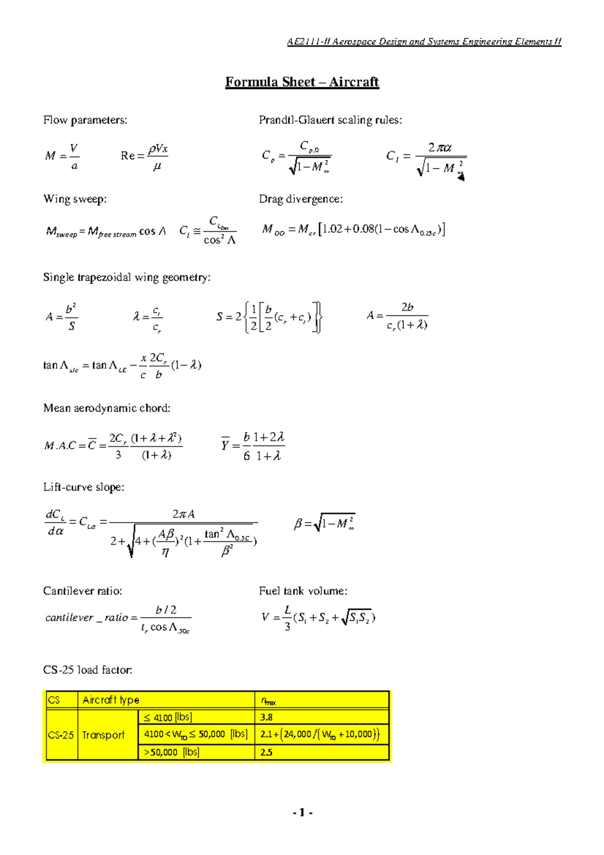 Exam in November 2013, Annex - Formula Sheet - AE2111-II Aerospace ...