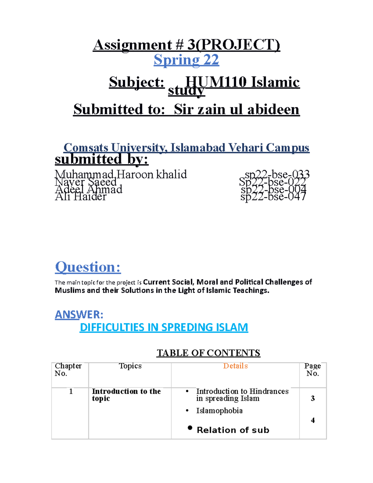 3rd assignment islamiyat project - Assignment # 3(PROJECT) Spring 22 ...