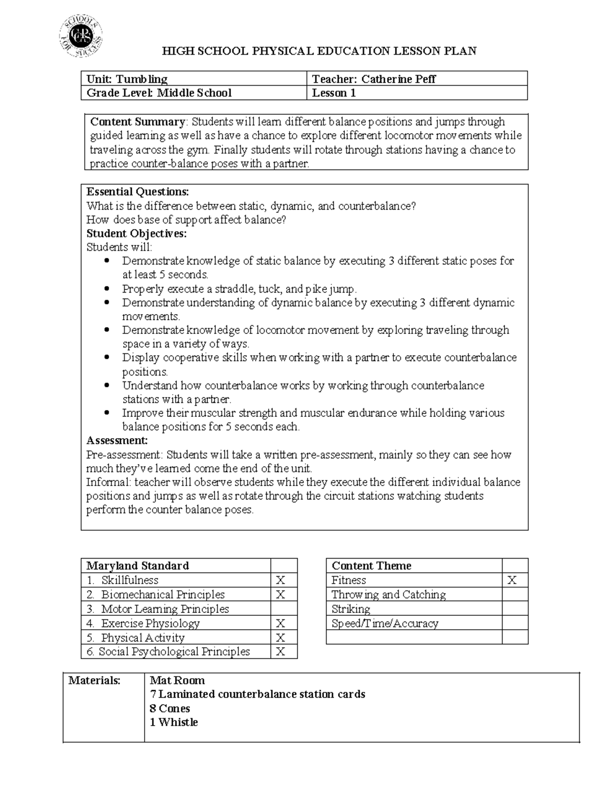 High School Physical Education Lesson Plan - HIGH SCHOOL PHYSICAL ...