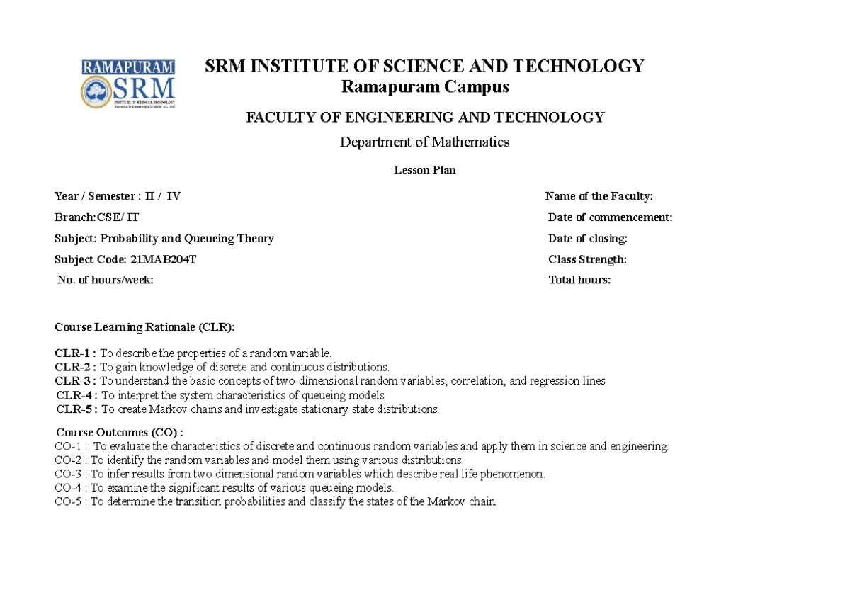 Lesson plan 21MAB204T - Summary Probability and Queuing Theory - SRM INSTITUTE OF SCIENCE AND ...