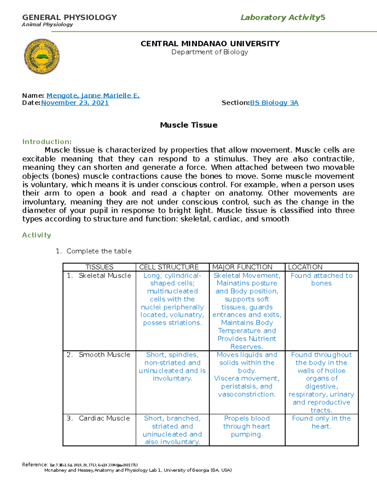 Muscle Tissue Laboratory Activity - Animal Physiology CENTRAL MINDANAO ...