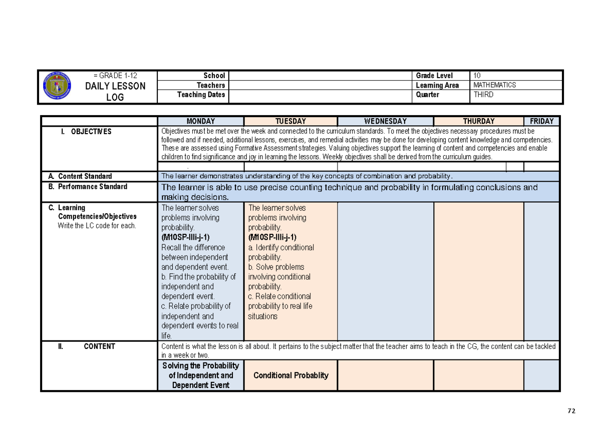 DLL WEEK5 LC44 - Lesson Log for Grade 1o Mathematics Quarter 3. It will help you to understand ...