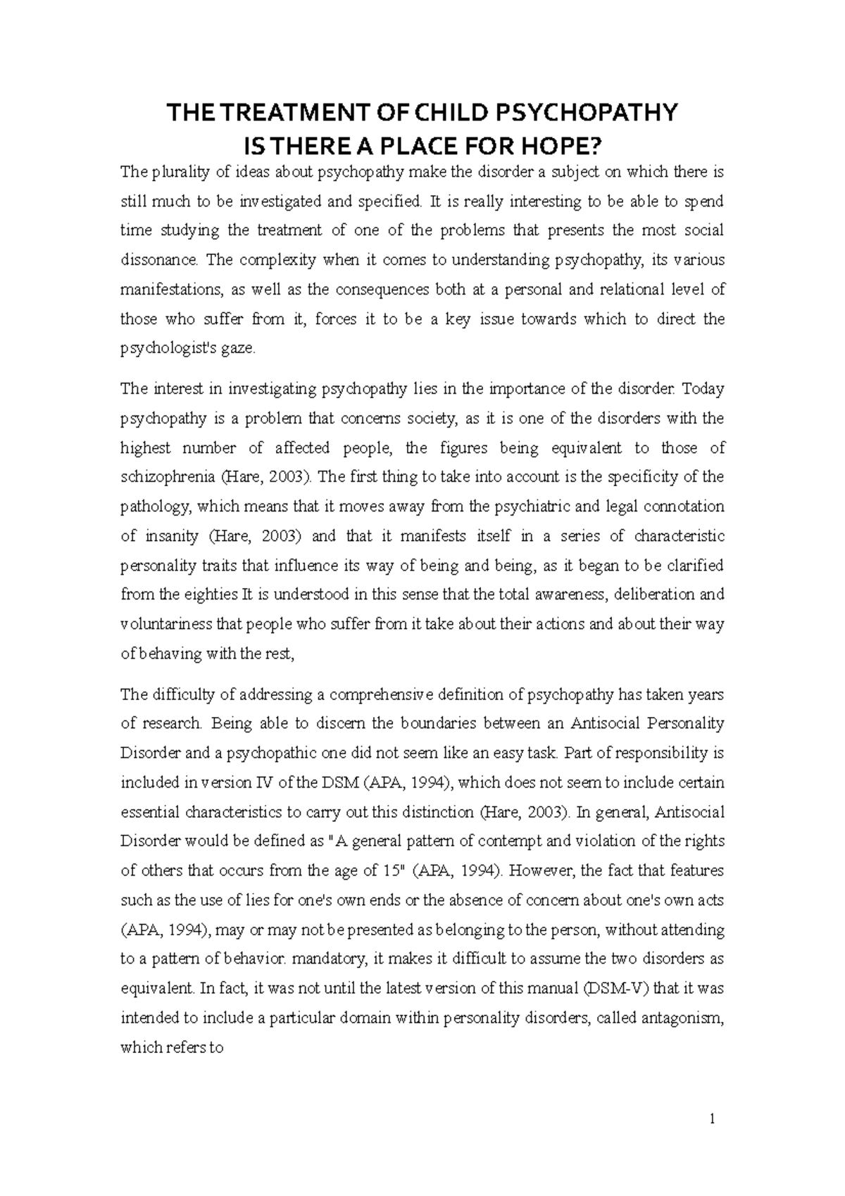 THE Treatment OF Child Psychopathy - 1 THE TREATMENT OF CHILD ...