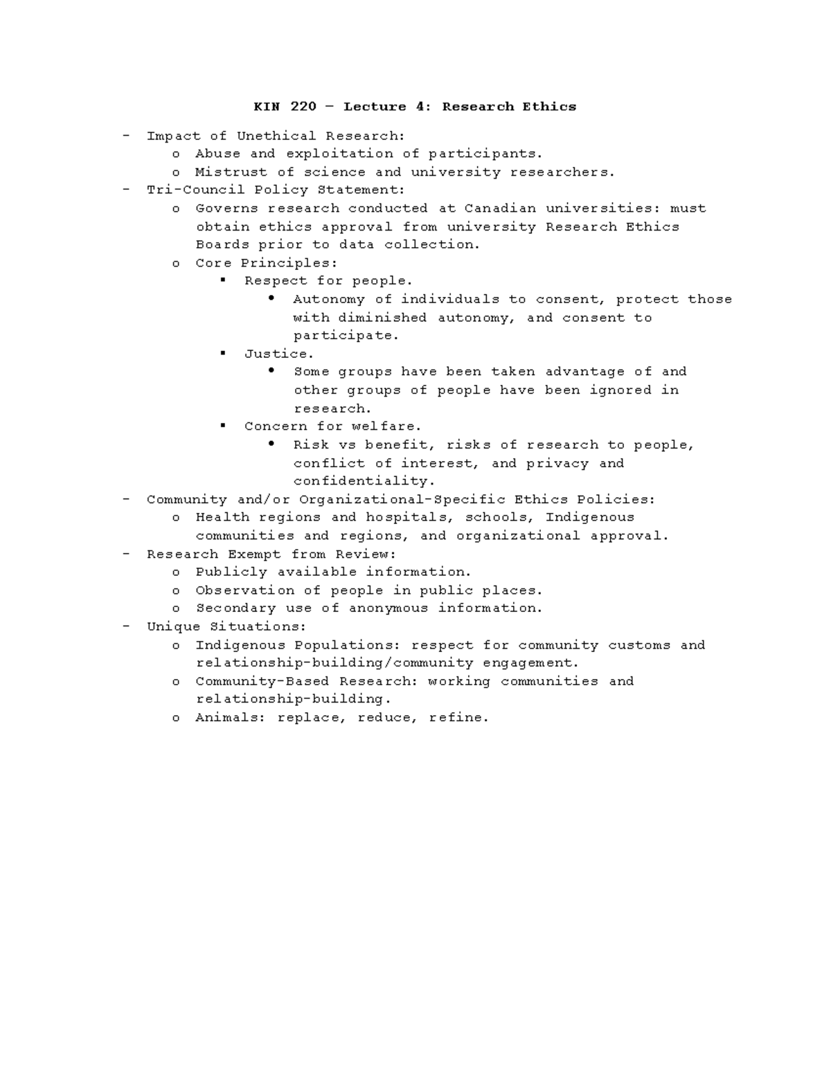 Lecture 4 - Research Ethics - KIN 220 – Lecture 4: Research Ethics ...