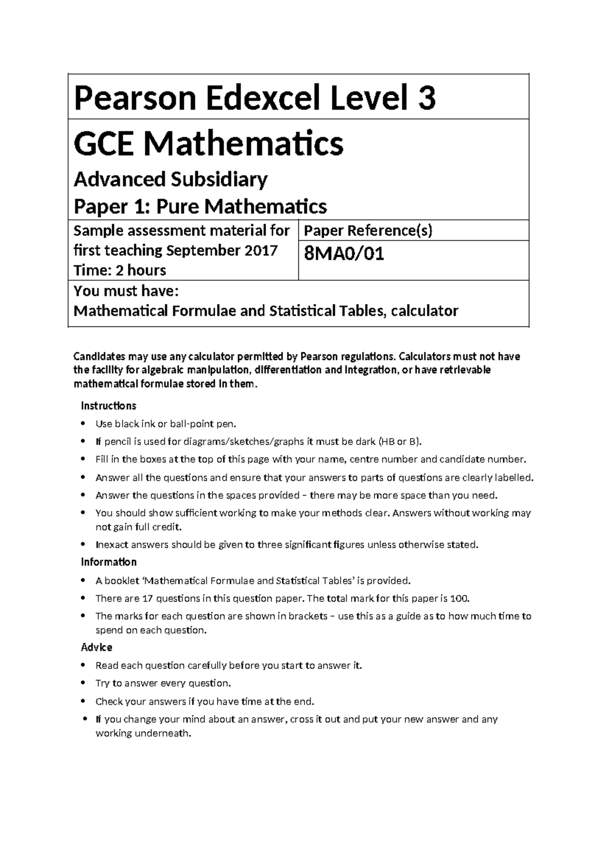 Asp1sam - Quantum and ions - Pearson Edexcel Level 3 GCE Mathematics Advanced Subsidiary Paper 1 ...