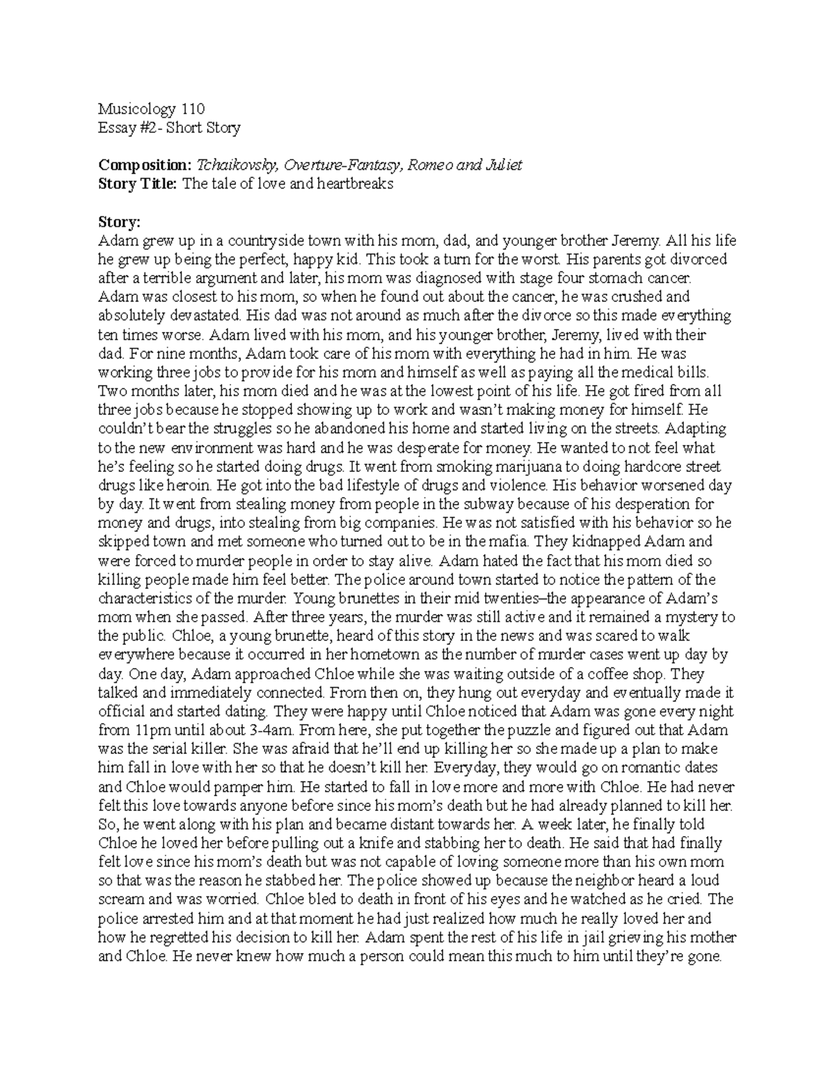 Essay #2 Short Story - Musicology 110 Essay #2- Short Story Composition ...
