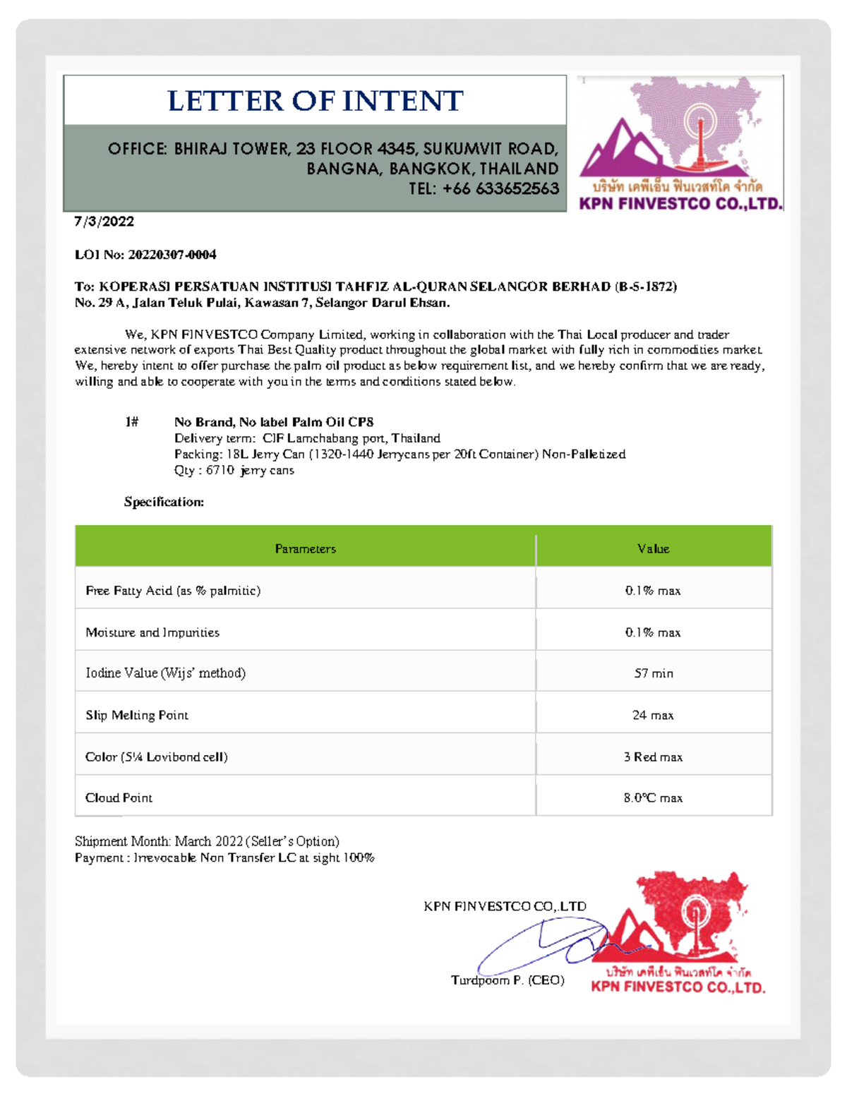 LOI - Palm Oil 202203- Koperasi - LETTER OF INTENT OFFICE: BHIRAJ TOWER, 23 FLOOR 4345, SUKUMVIT ...