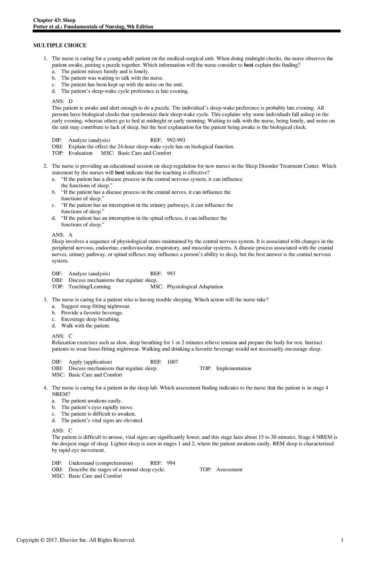 Chapter 43 - practice question - Chapter 43: Sleep Potter et al ...