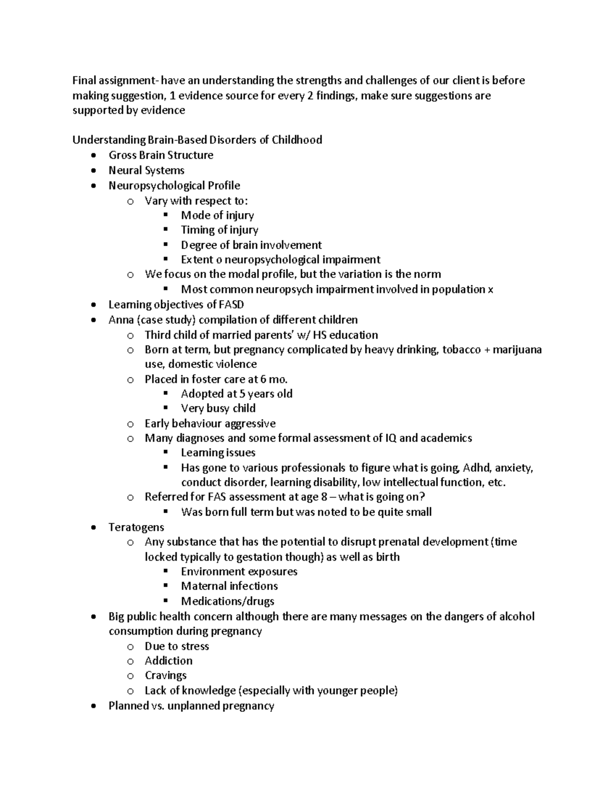 Psych 335 FASD - notes for fasd - Final assignment- have an ...