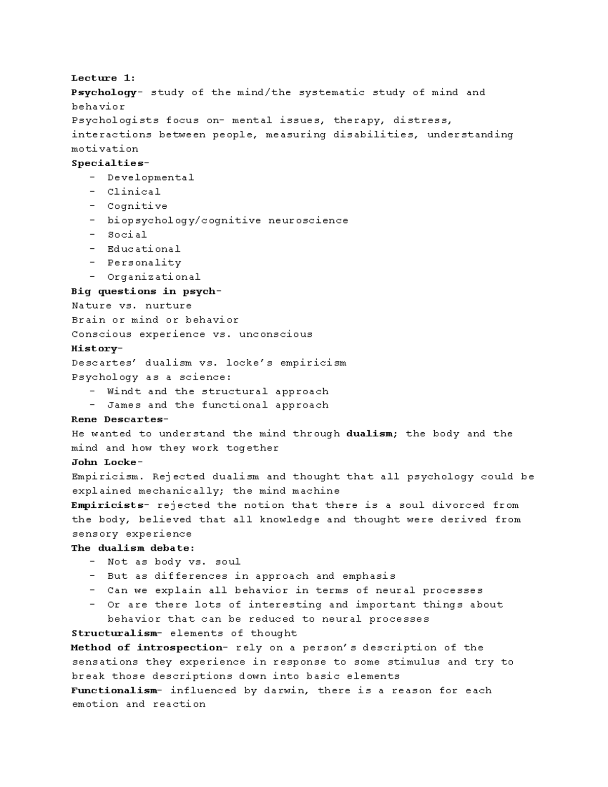 Psych 111 notes (all lectures) - Lecture 1: Psychology- study of the ...