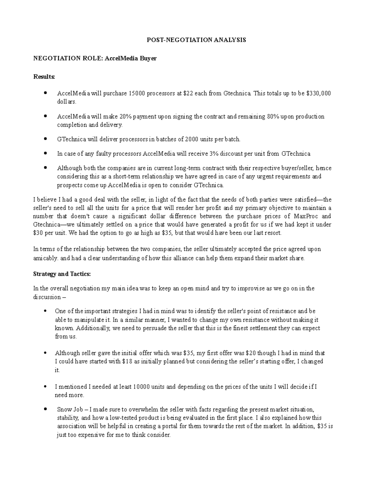 Post Negotiation Analysis - POST-NEGOTIATION ANALYSIS NEGOTIATION ROLE ...