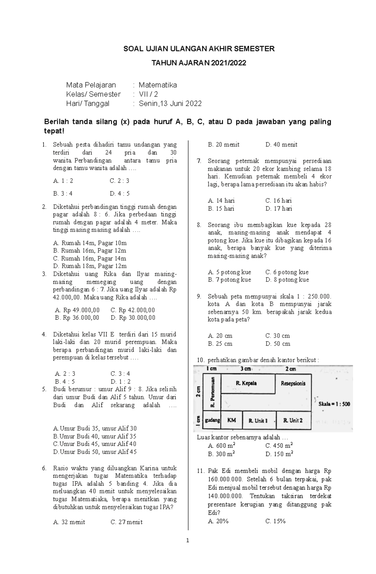 SOAL Ujian Ulangan Akhir Semester MTK SMPN 1 Mepanga - SOAL UJIAN ULANGAN AKHIR SEMESTER TAHUN ...