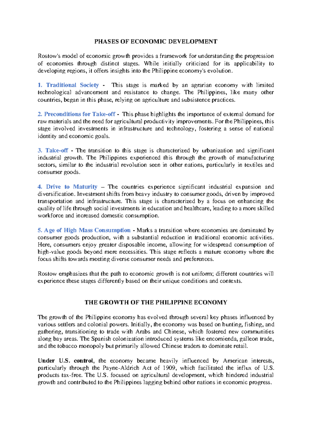 Phases OF Economic Development - PHASES OF ECONOMIC DEVELOPMENT Rostow ...