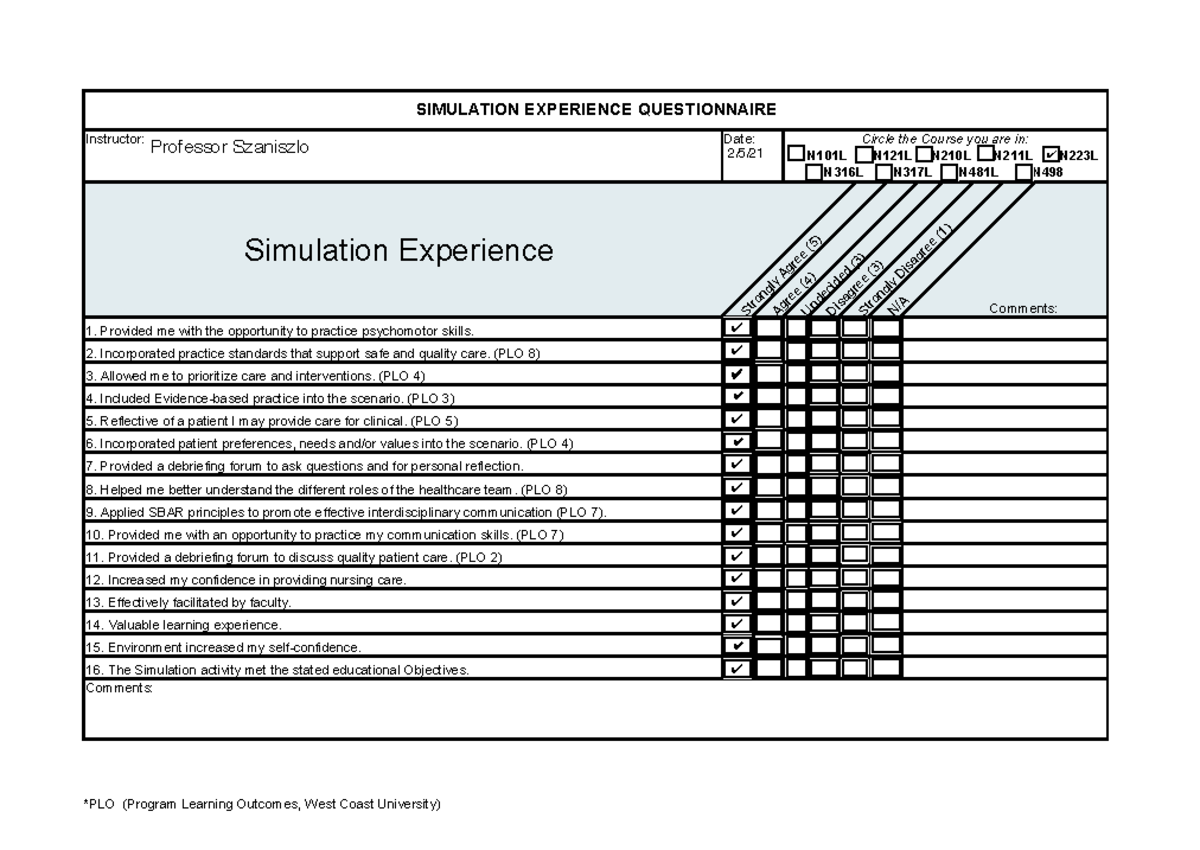 Simulation Experience Questionnaire - Fillable Eval copy - Instructor ...