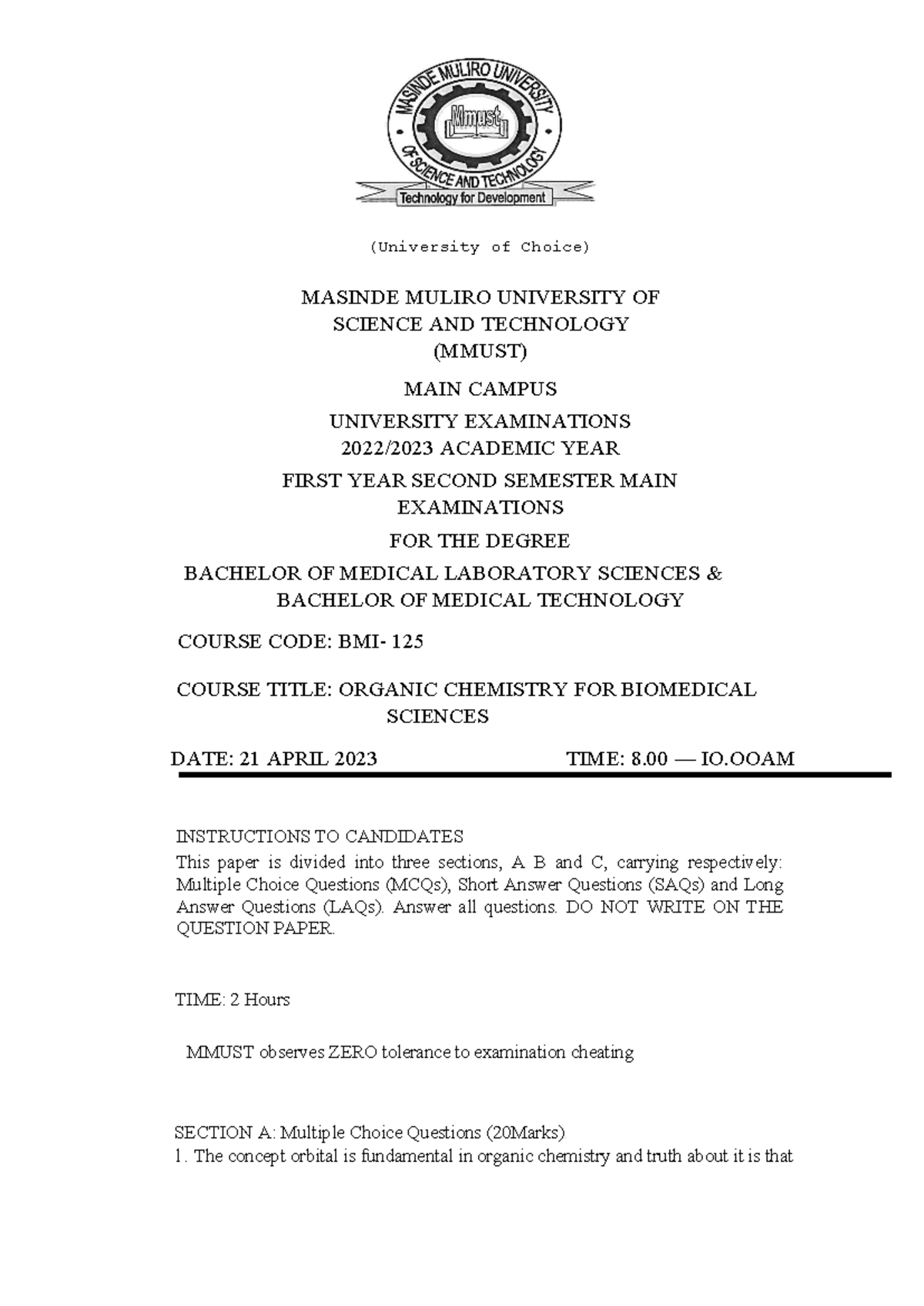BML 125 organic 2022-2023 Exams - (University of Choice) MASINDE MULIRO ...