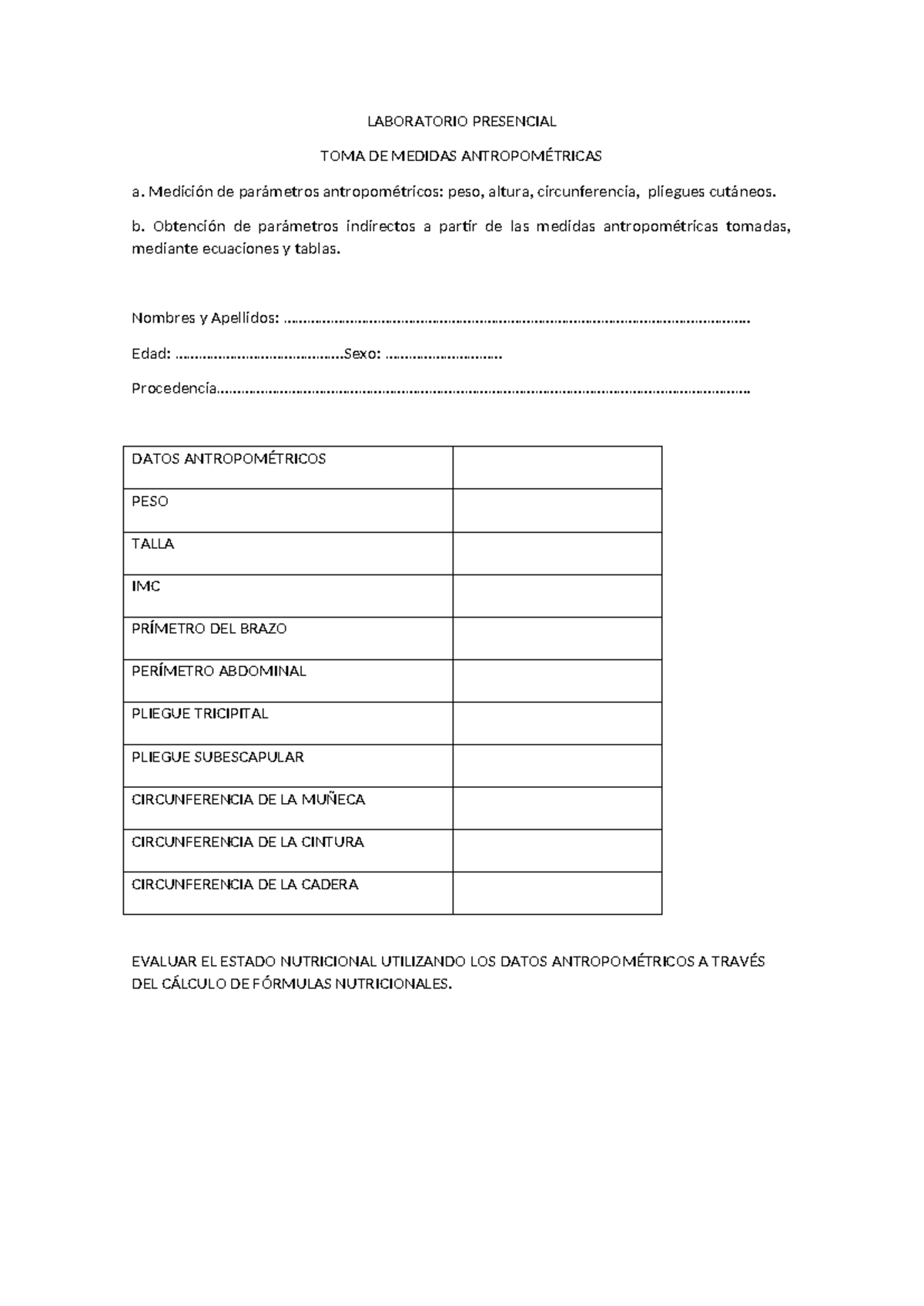 Formato Medidas Antropometricas - LABORATORIO PRESENCIAL TOMA DE ...