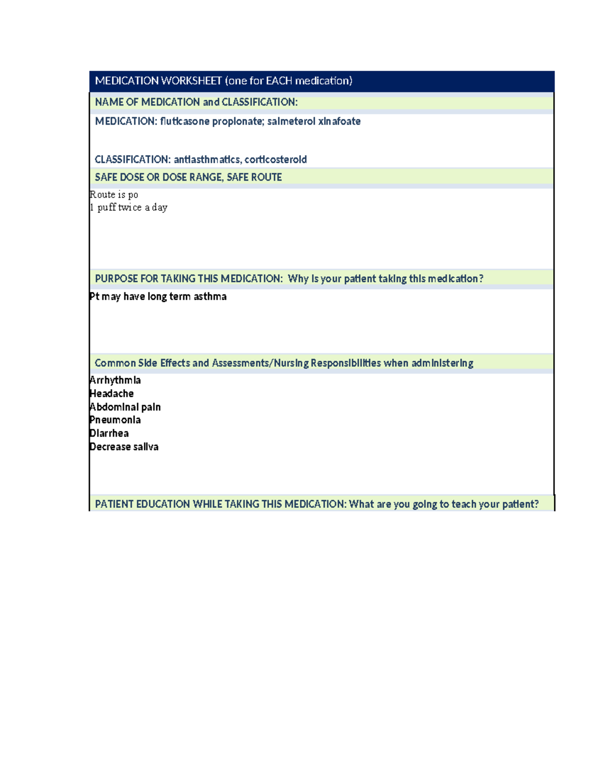 Fluticasone chem - MEDICATION WORKSHEET (one for EACH medication) NAME ...