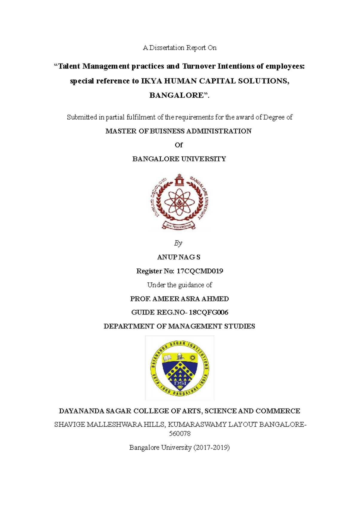 4th sem project sample - A Dissertation Report On “ Talent Management ...