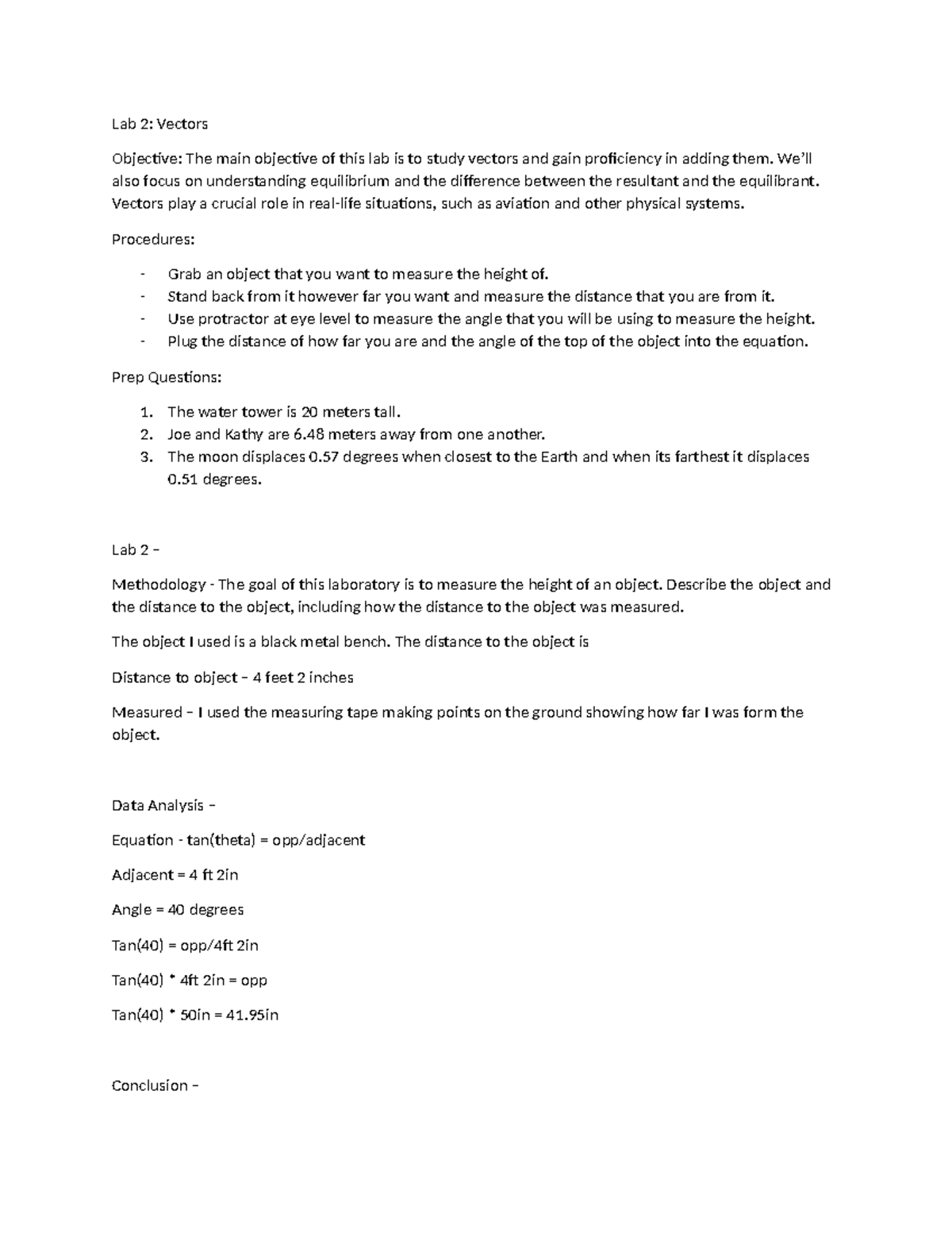 Physics Lab #2 - lab 2 - Lab 2: Vectors Objective: The main objective of this lab is to study ...