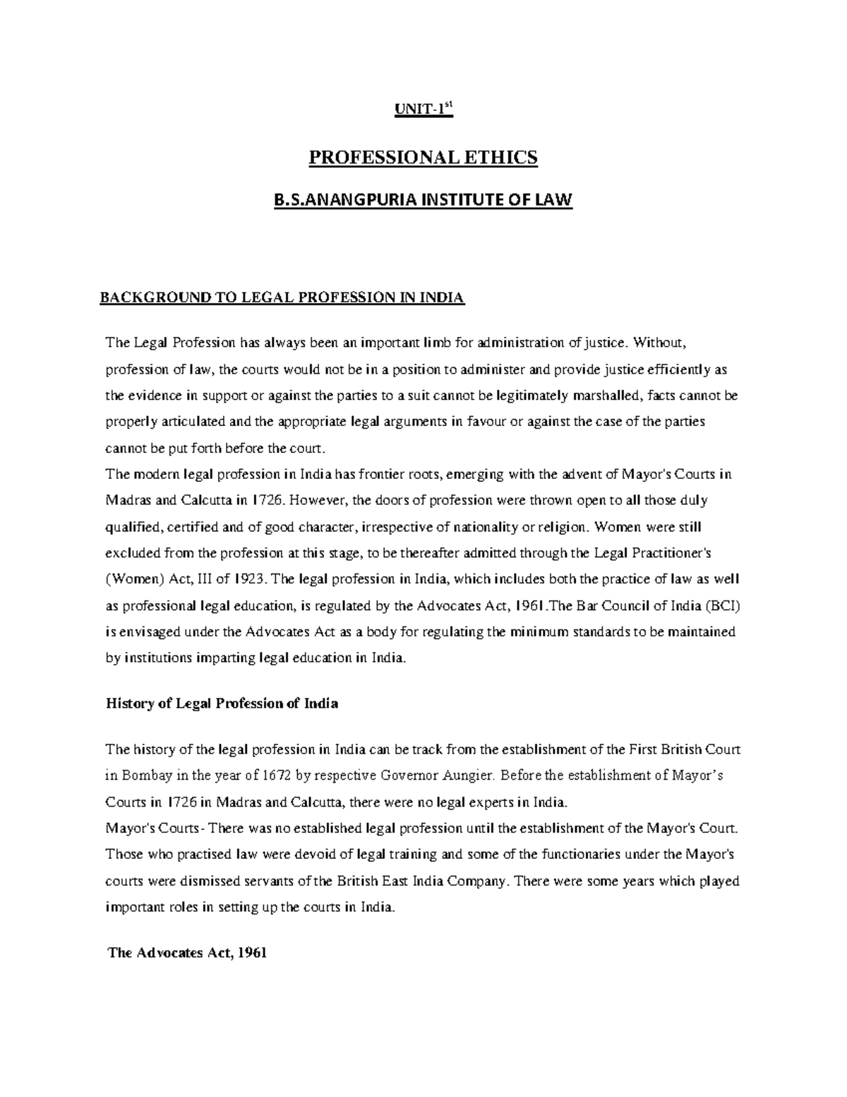 UNIT-1 - UNIT-1st PROFESSIONAL ETHICS B.S INSTITUTE OF LAW BACKGROUND ...