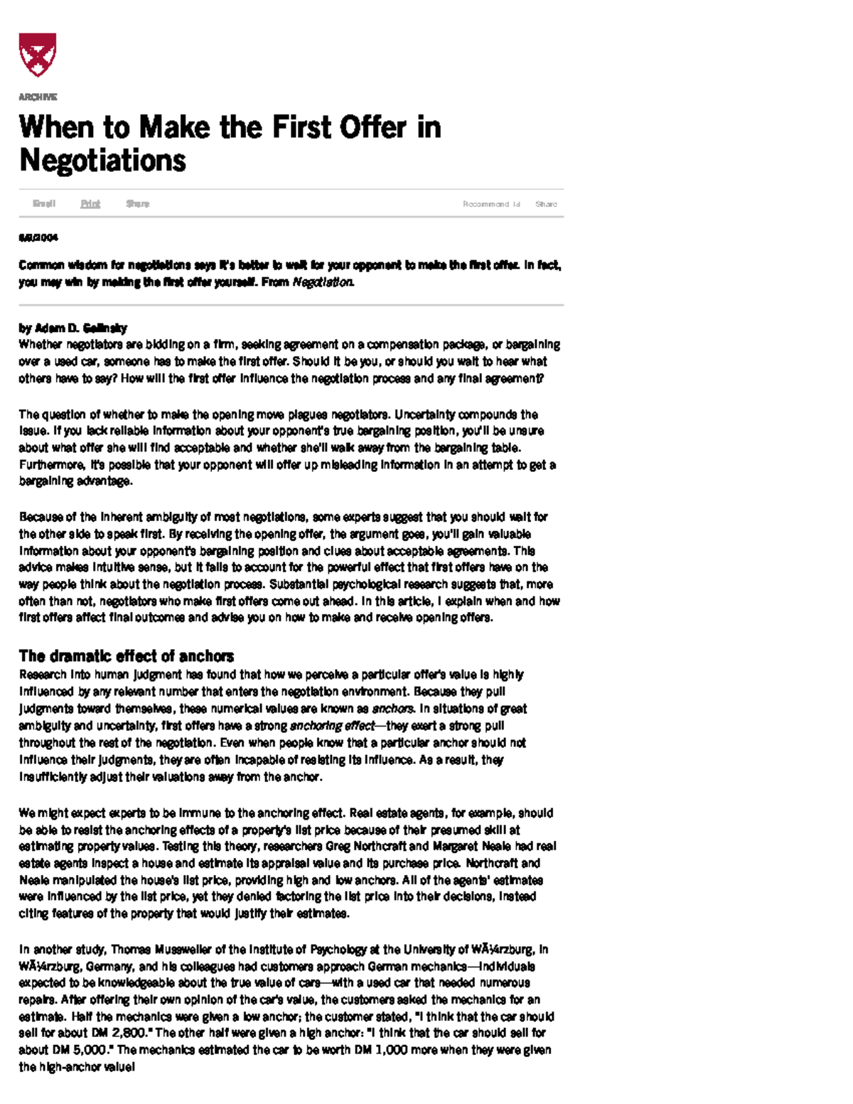 When to Make the First Offer in Negotiations - HBS Working Knowledge ...