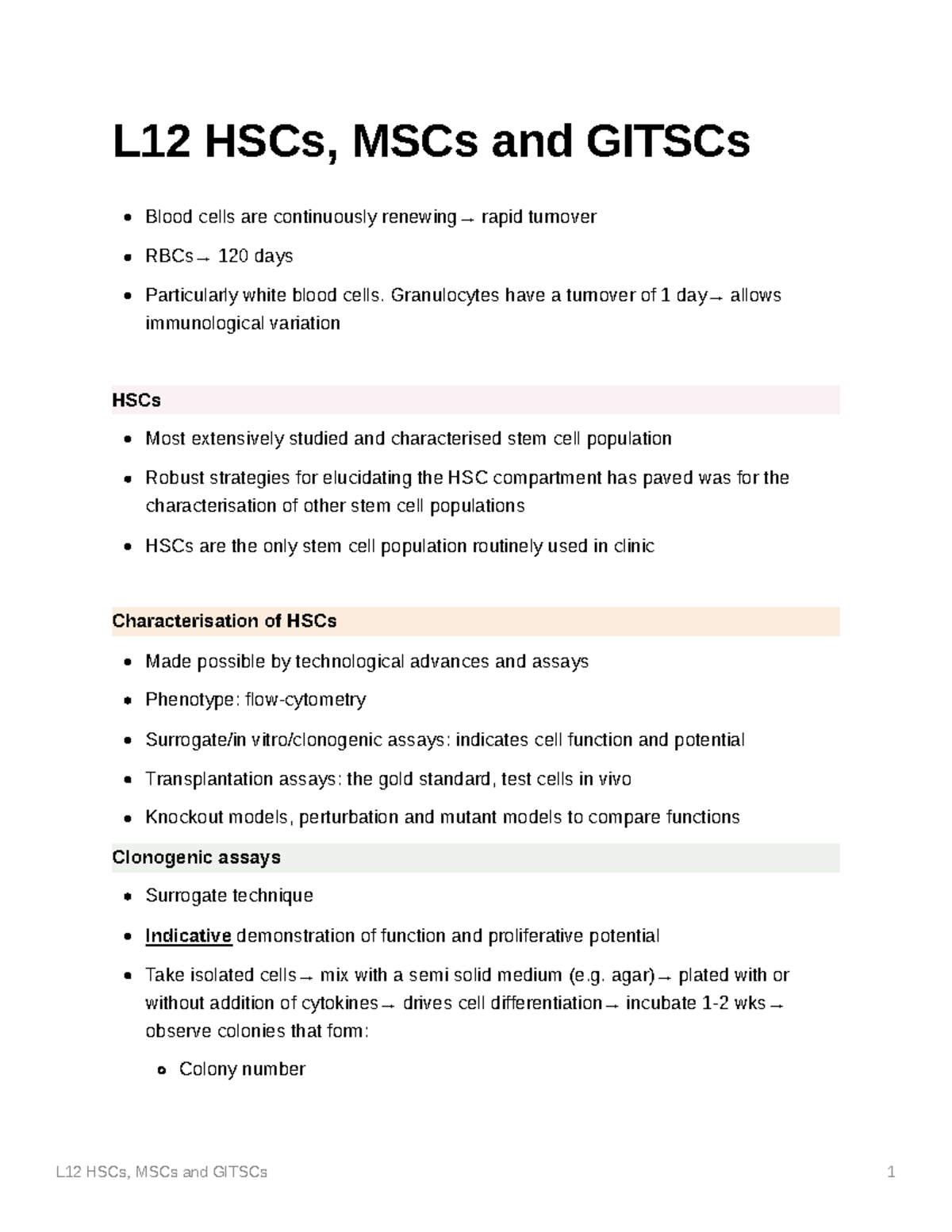 HSCs, MSCs and Gitscs notes - BIOM30001 - Unimelb - Studocu