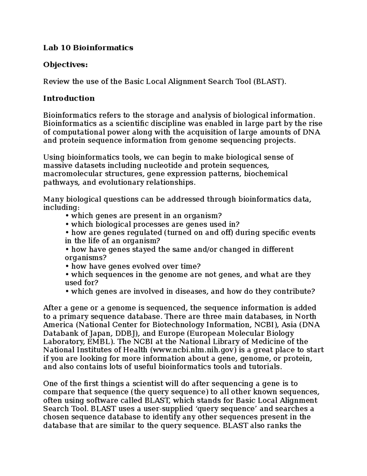 Lab 10 Bioinformatics Lab Manual - Lab 10 Bioinformatics Objectives ...