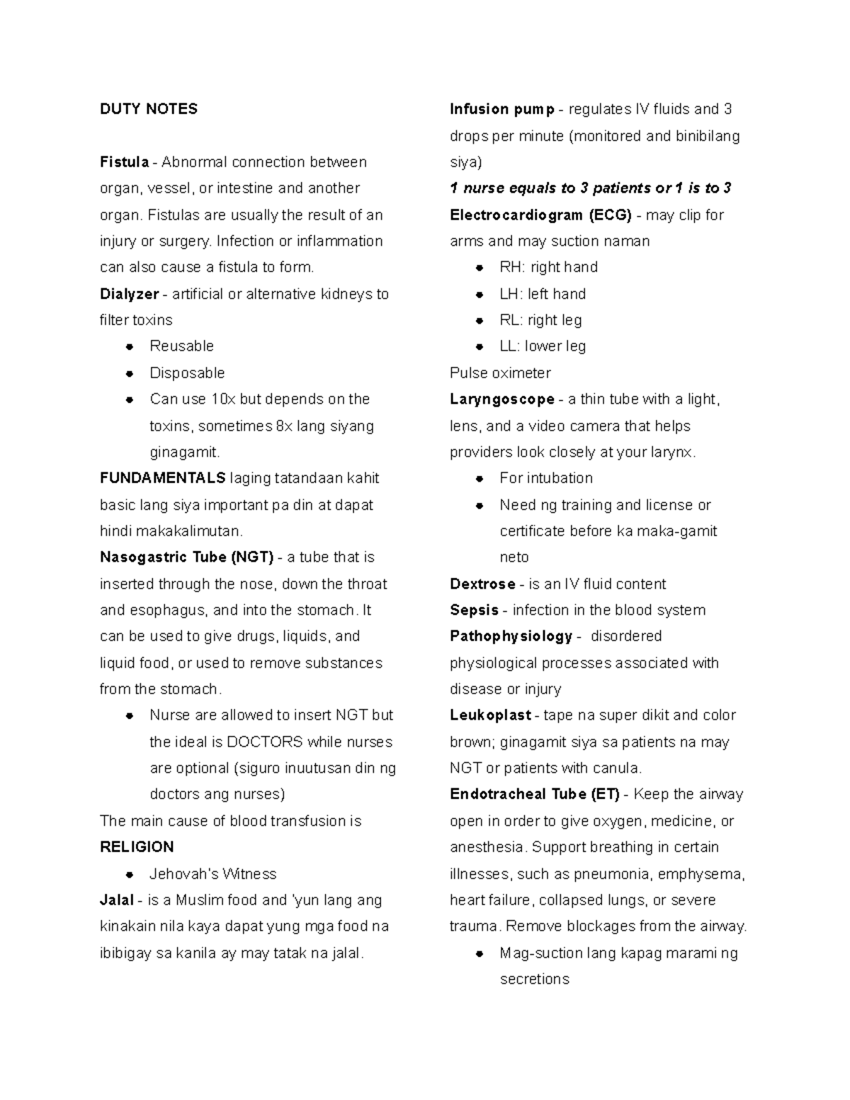 Pedia Exam Reviewer - DUTY NOTES Fistula - Abnormal connection between ...