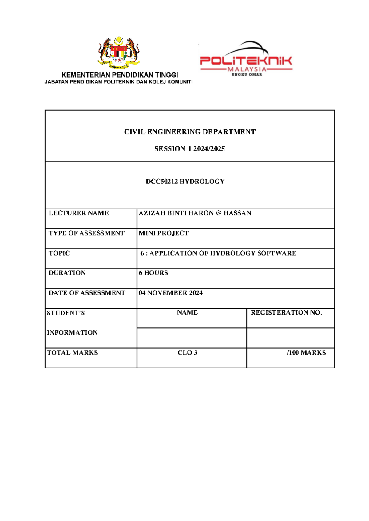 Mini Project Hydrology Civil Engineering Department Session 1 2024