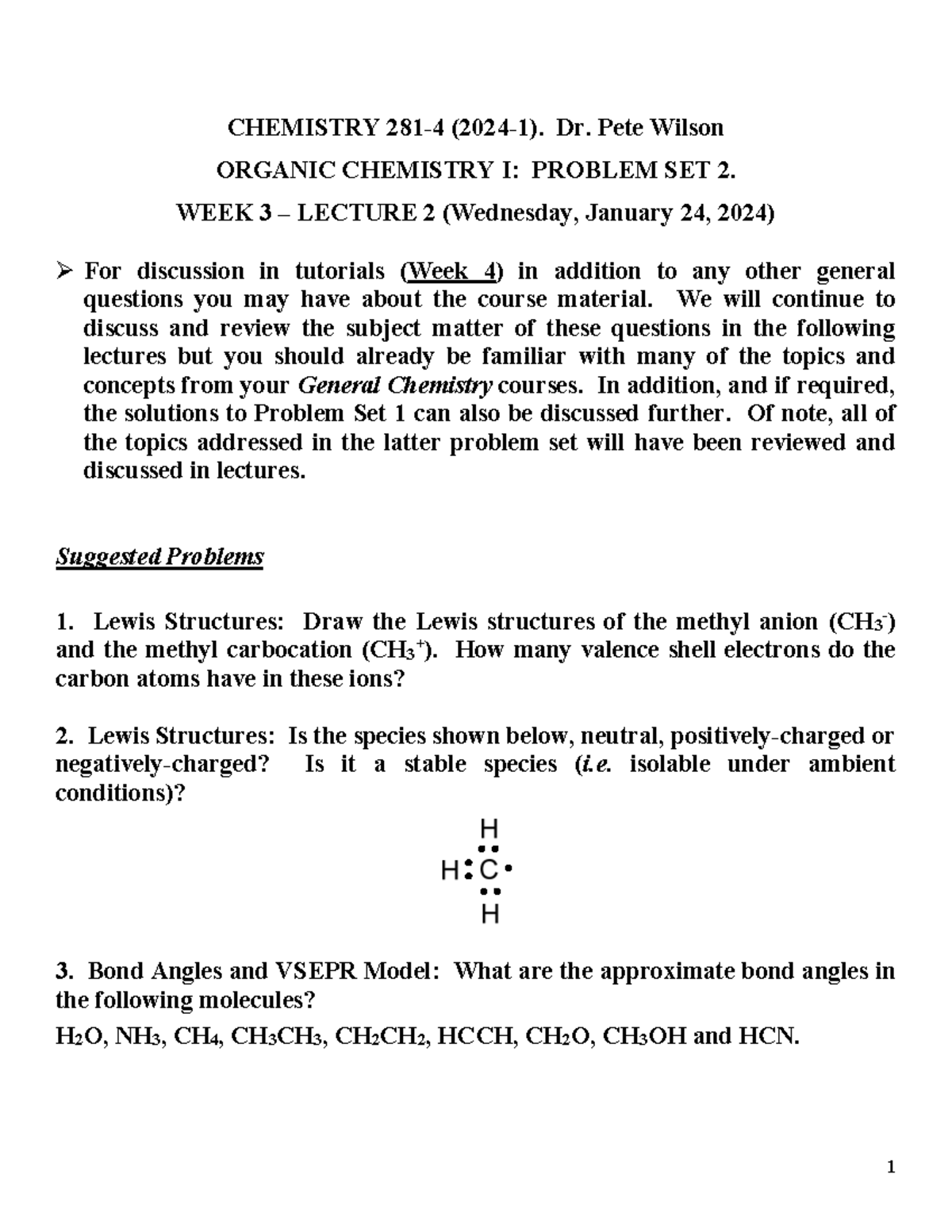 Problem set 281 - CHEMISTRY 281-4 (2024-1). Dr. Pete Wilson ORGANIC ...
