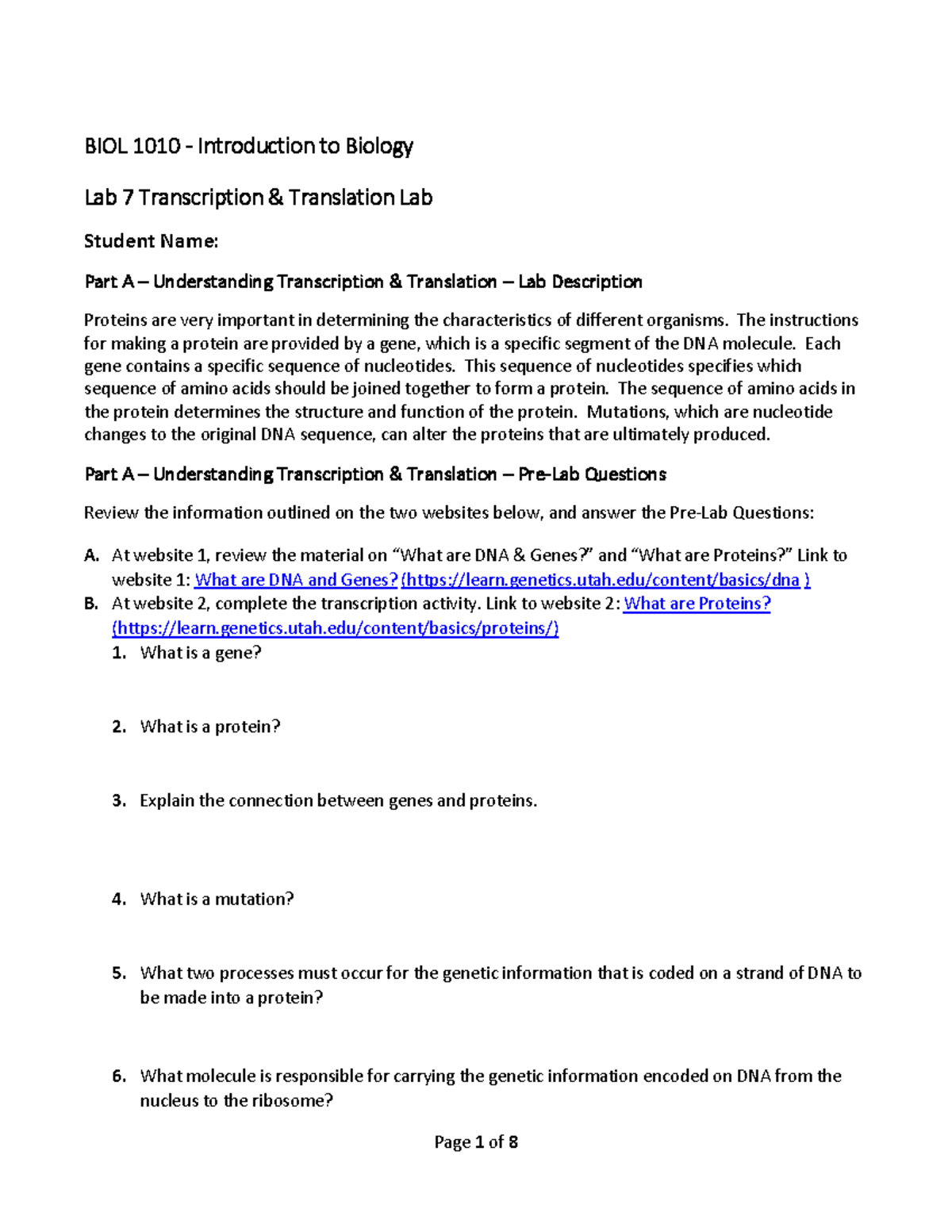 7 BIOL 1010 Transcription and Translation for Students to Print - BIOL 1010 - Introduction to ...