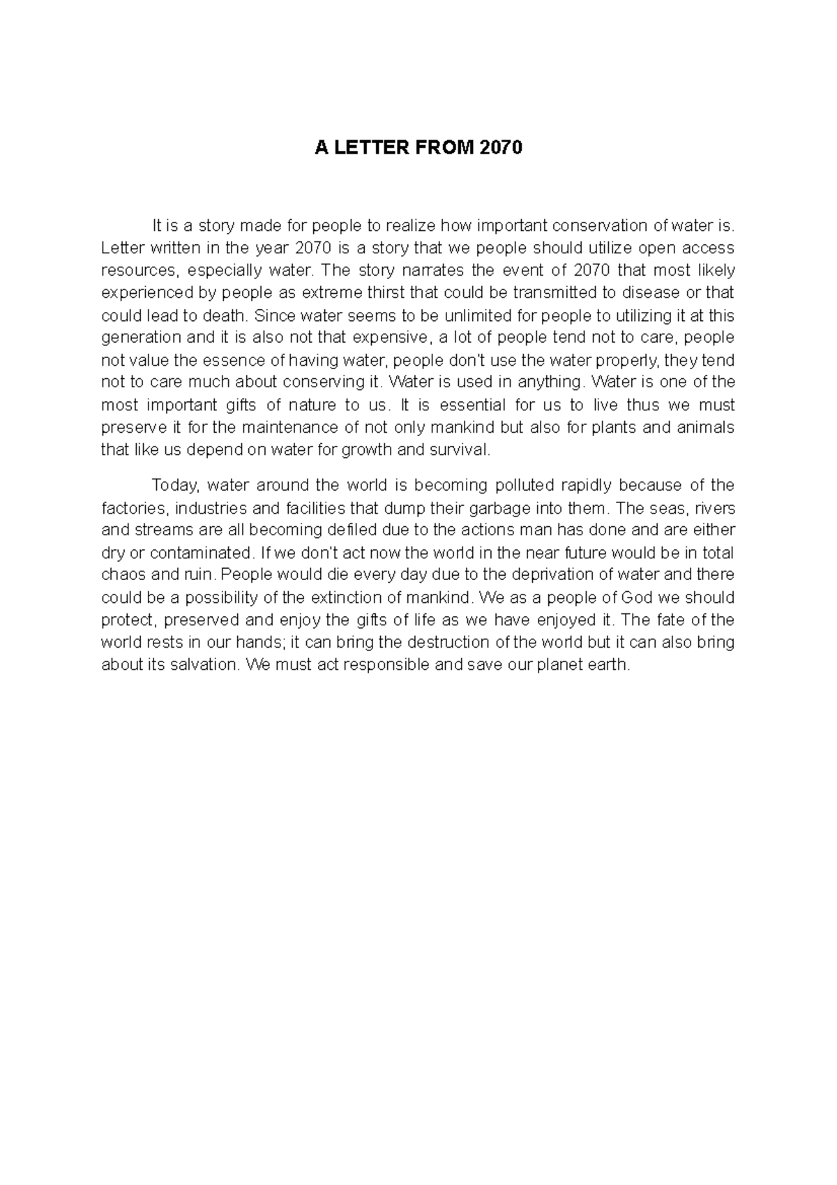 A Letter FROM 2070 - Lecture notes 3-7 - A LETTER FROM 2070 It is a ...