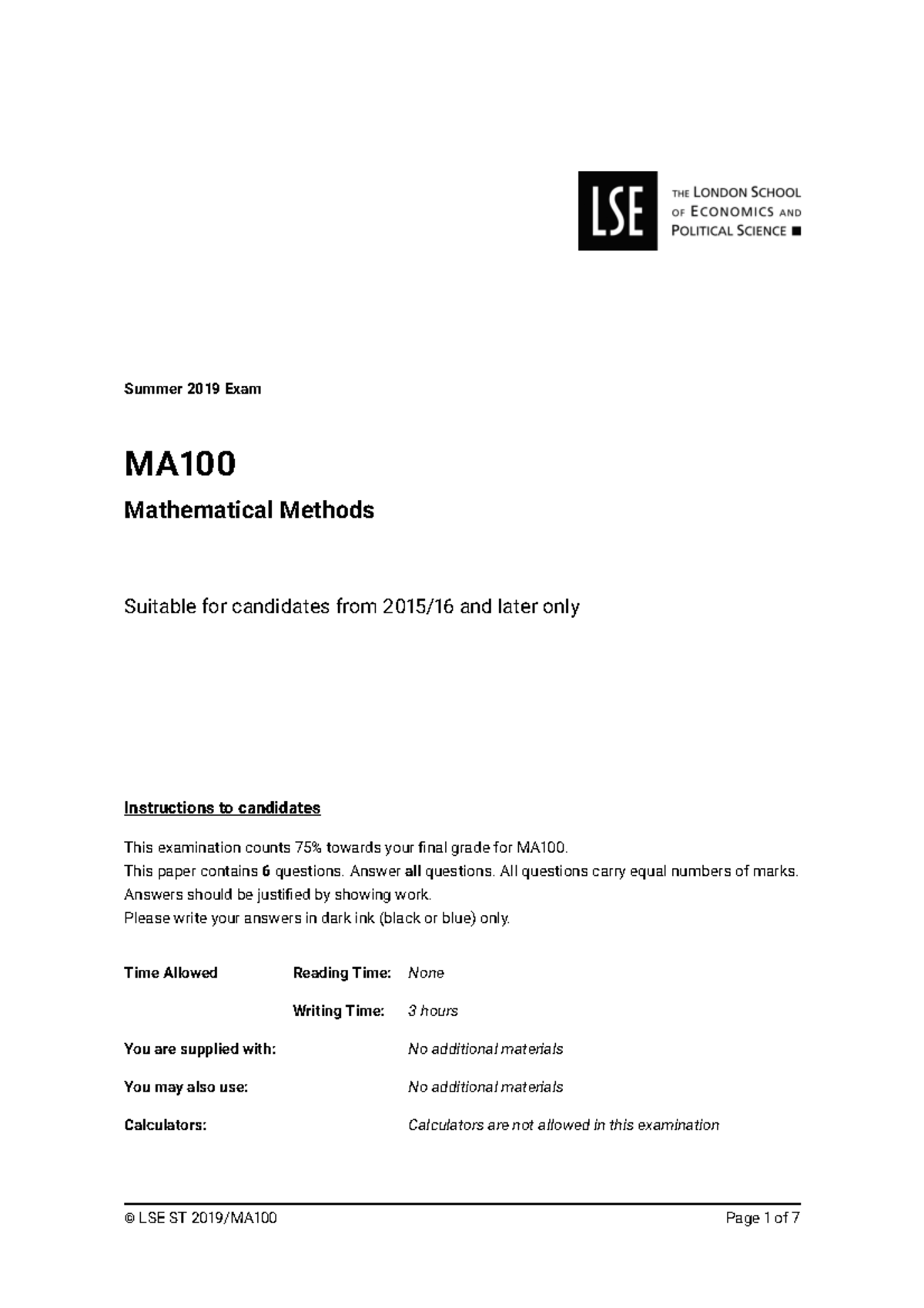MA100 Practice Paper - Summer￿￿￿￿Exam MA￿￿￿ Mathematical Methods ...