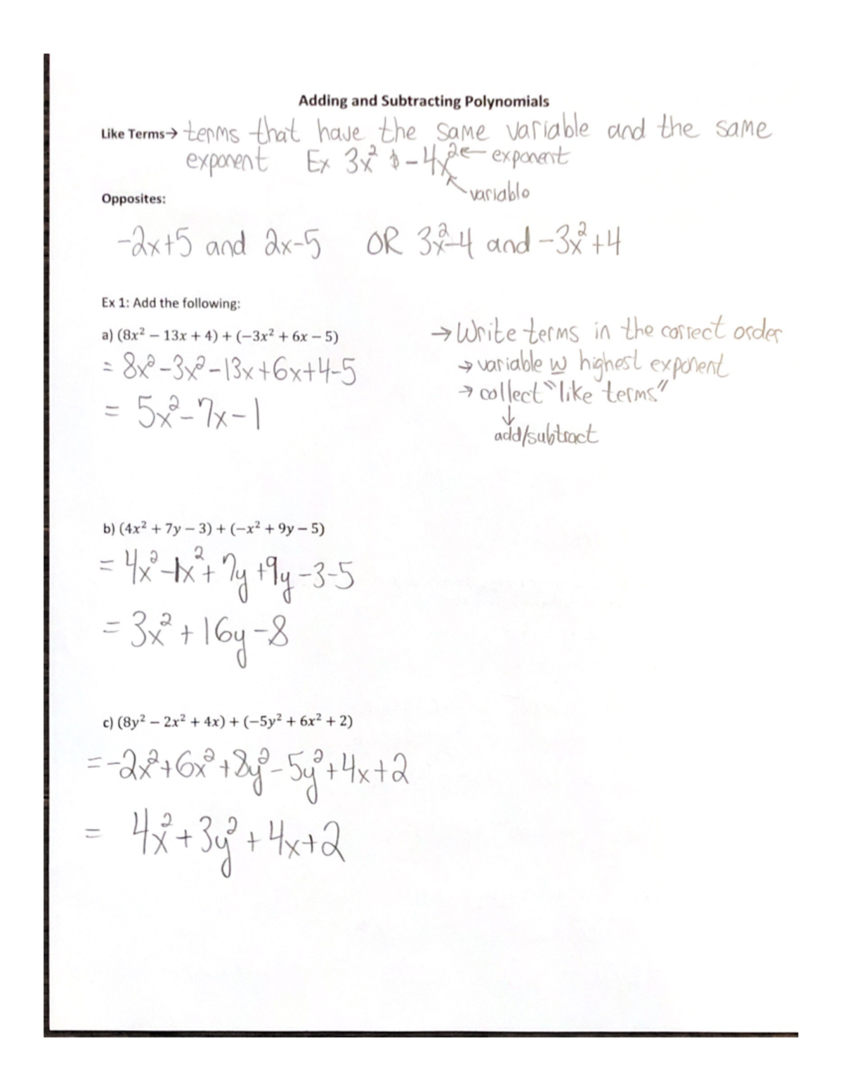 2.1 Adding and Subtracting Polynomials note completed - Studocu