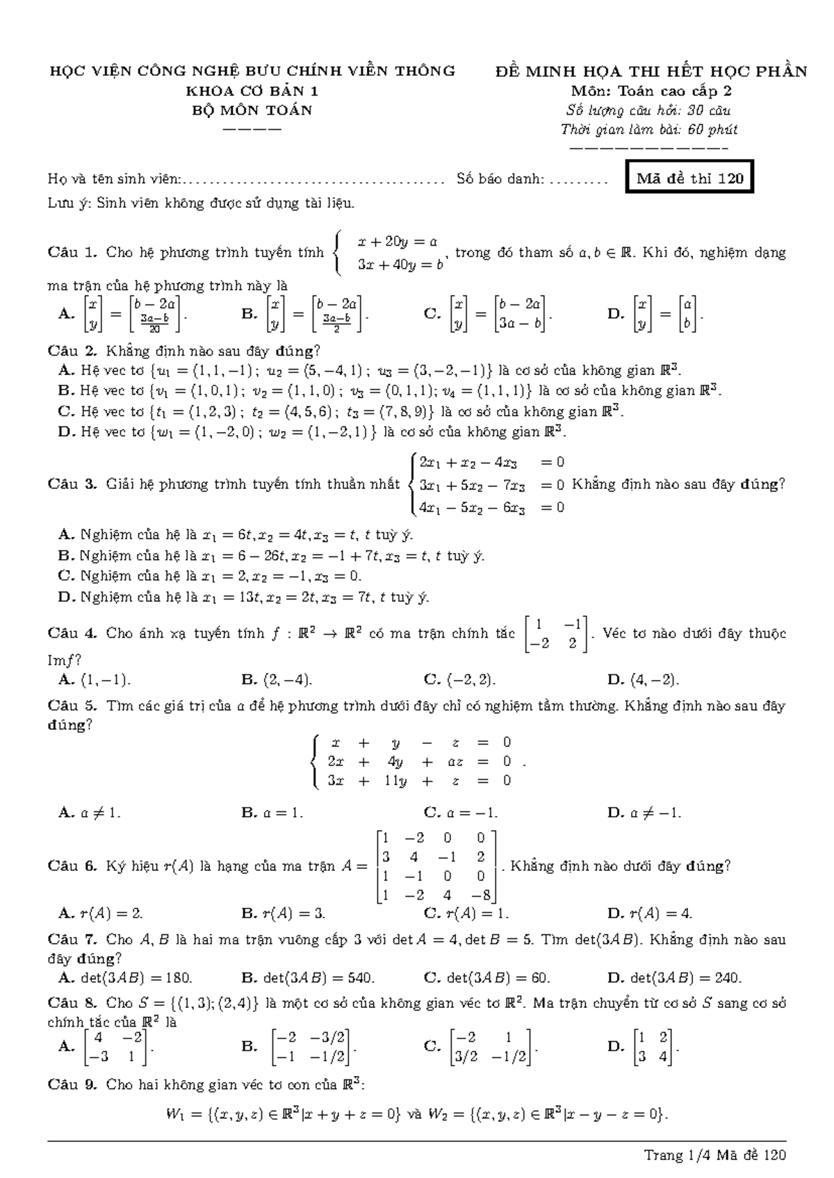 De mau TCC2 - toán cao cấp 2 - HỌC VIỆN CÔNG NGHỆ BƯU CHÍNH VIỄN THÔNG ...