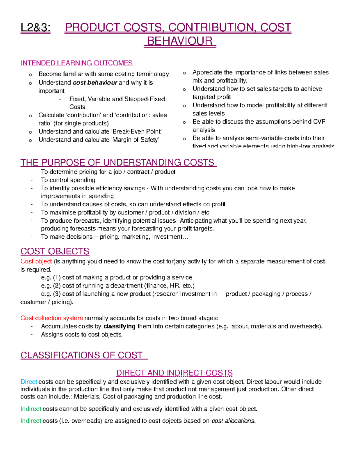 Lecture 2&3 - Product Costs, Contribution, Cost Behaviour - o ...