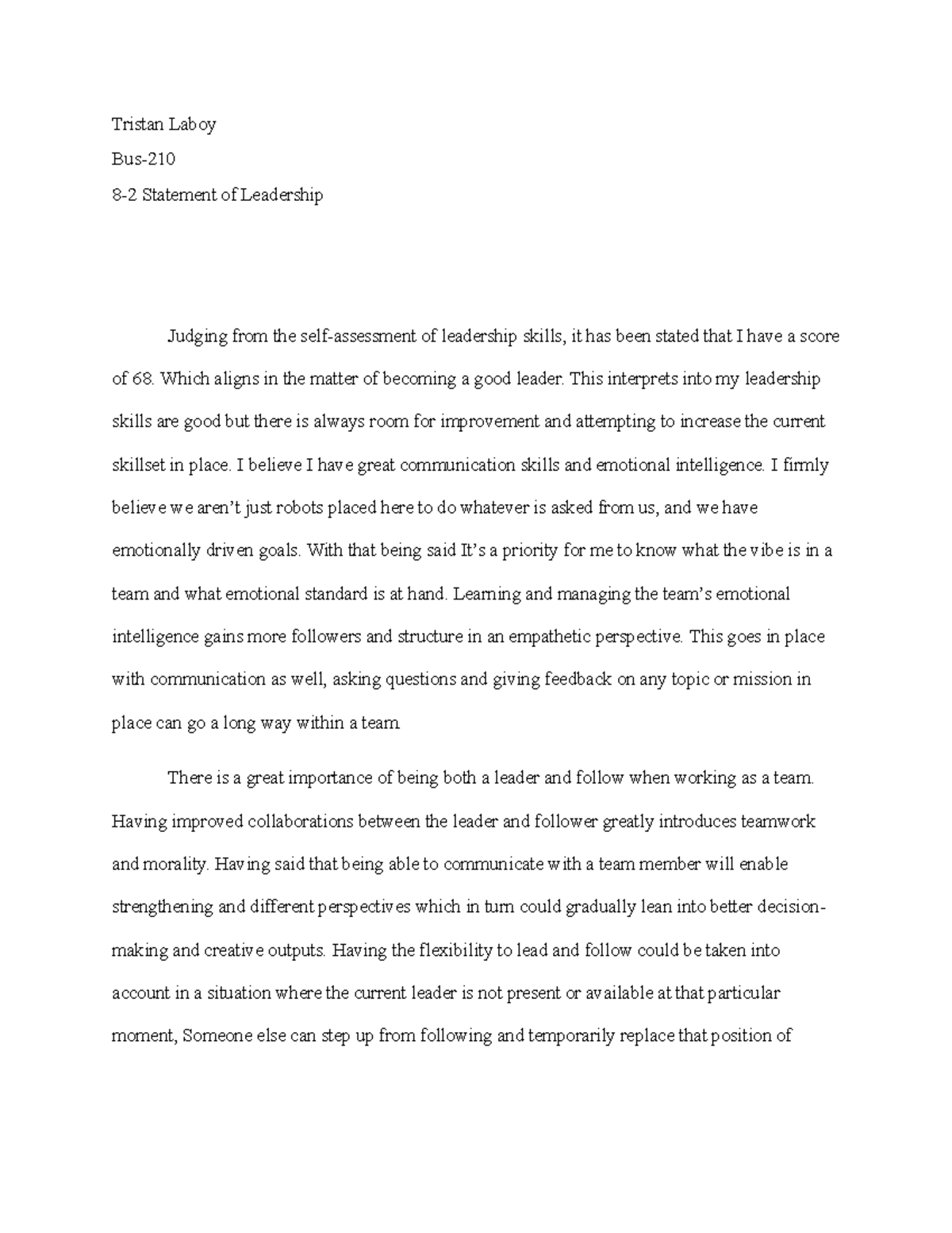 Statements and Leadership - Tristan Laboy Bus- 8-2 Statement of ...