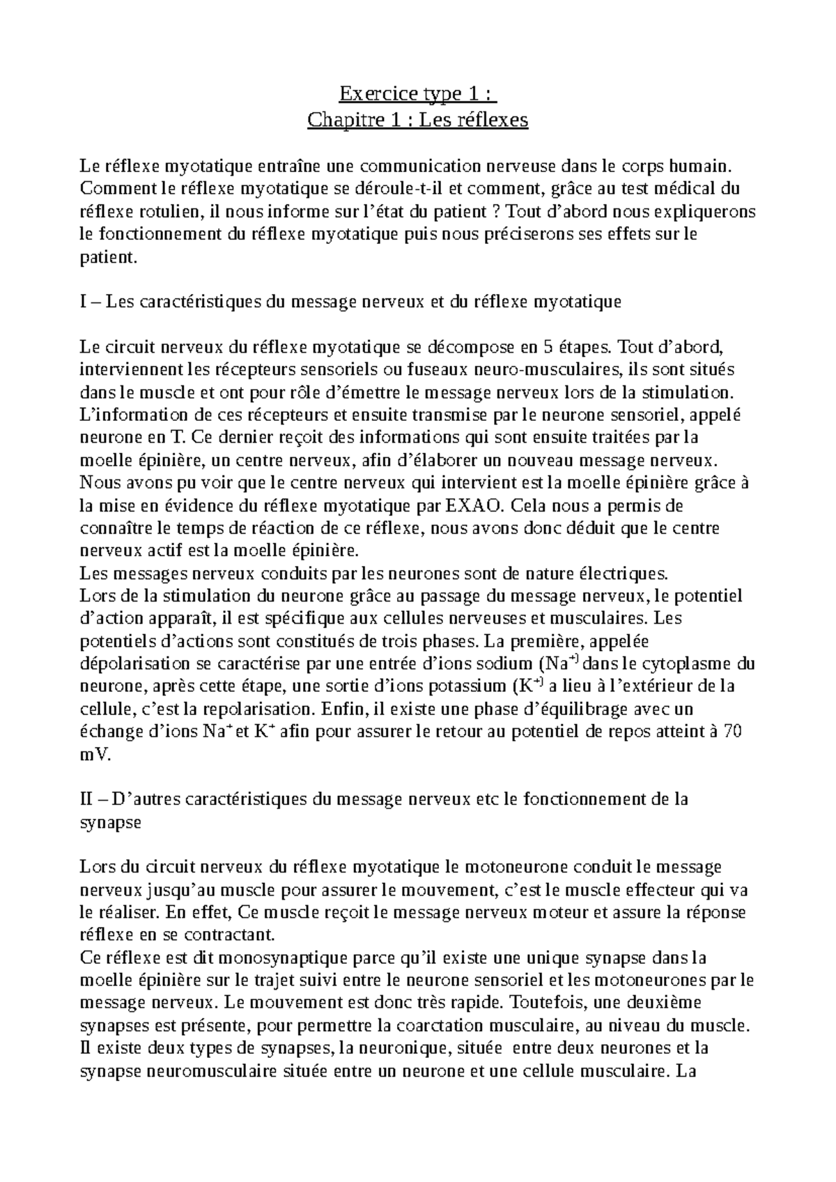 Exercice type 1 Les r Ã©flexes - Exercice type 1 : Chapitre 1 : Les réflexes Le réflexe ...