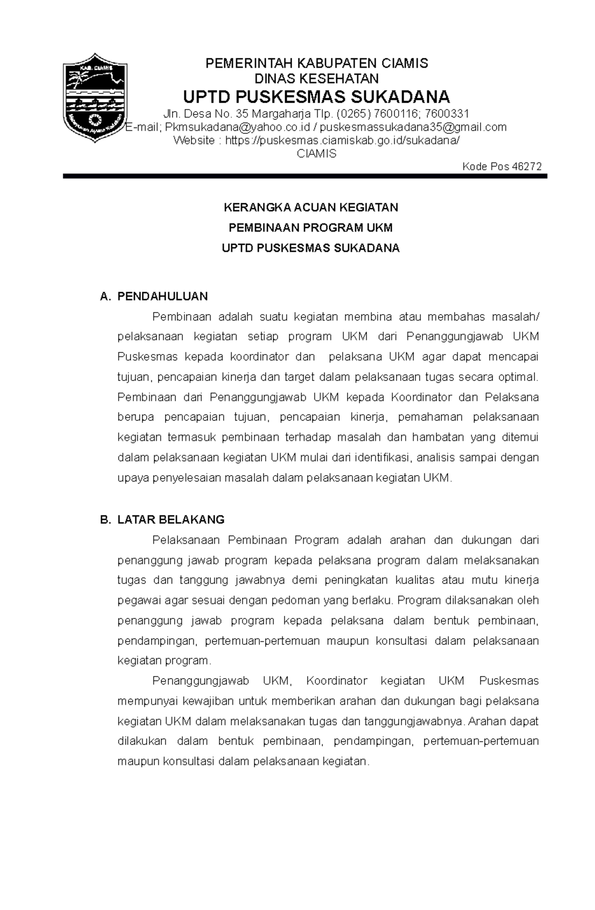 KAK Pembinaan Program UKM - PEMERINTAH KABUPATEN CIAMIS DINAS KESEHATAN ...