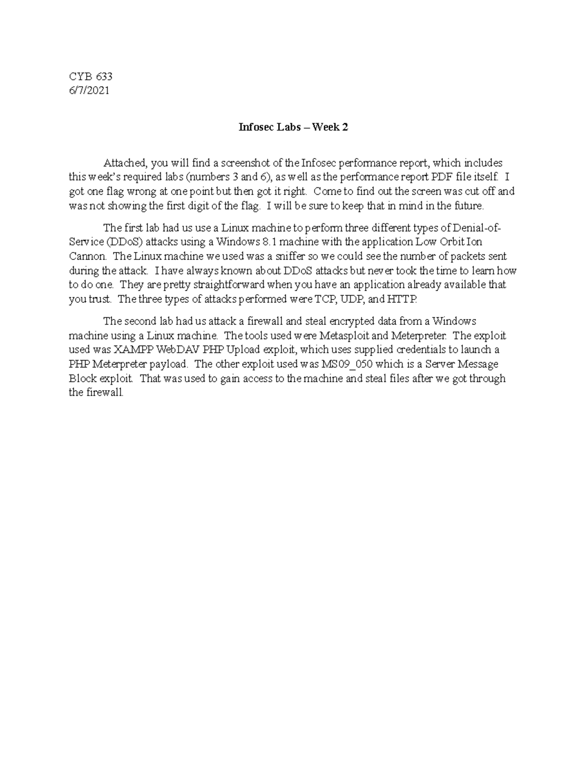 Infosec Labs Week 2 - CYB 633 6/7/ Infosec Labs – Week 2 Attached, you ...