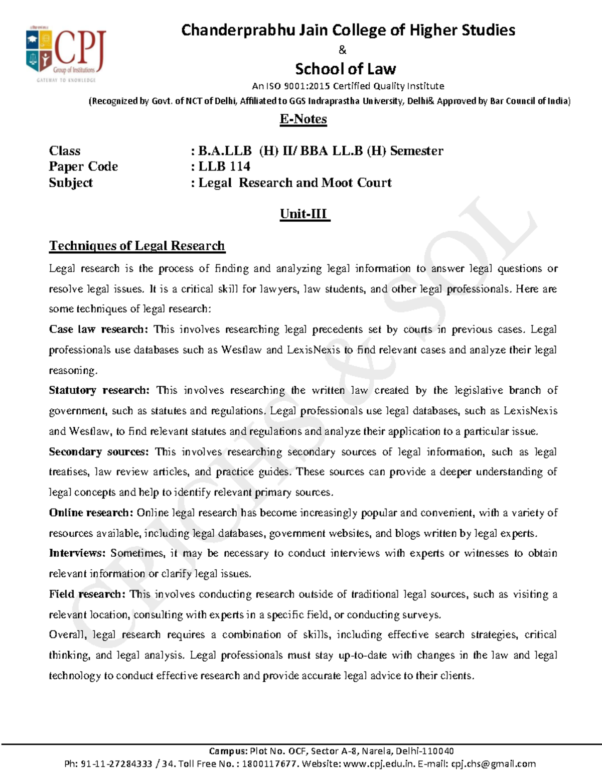 Unit III: Techniques of Legal Research Legal Research and Moot Court ...