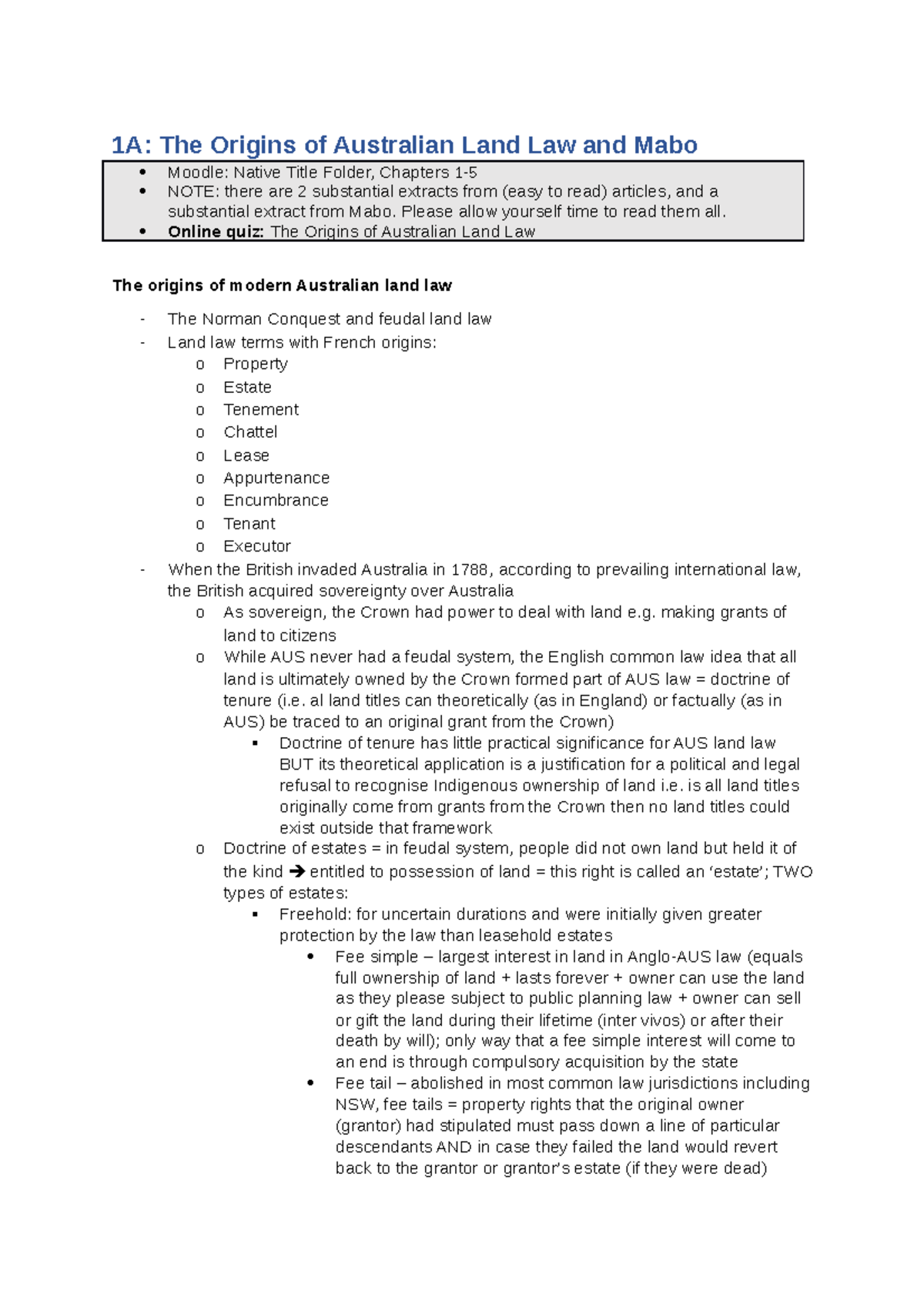 LAWS2383 Readings Notes - 1A: The Origins of Australian Land Law and ...