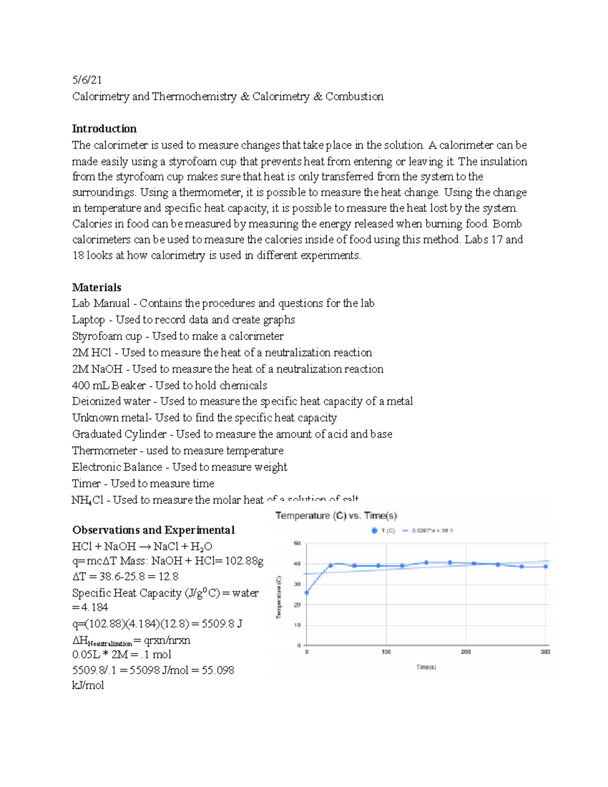 Lab 17 & Lab 18 - Lab report - 5/6/ Calorimetry and Thermochemistry ...